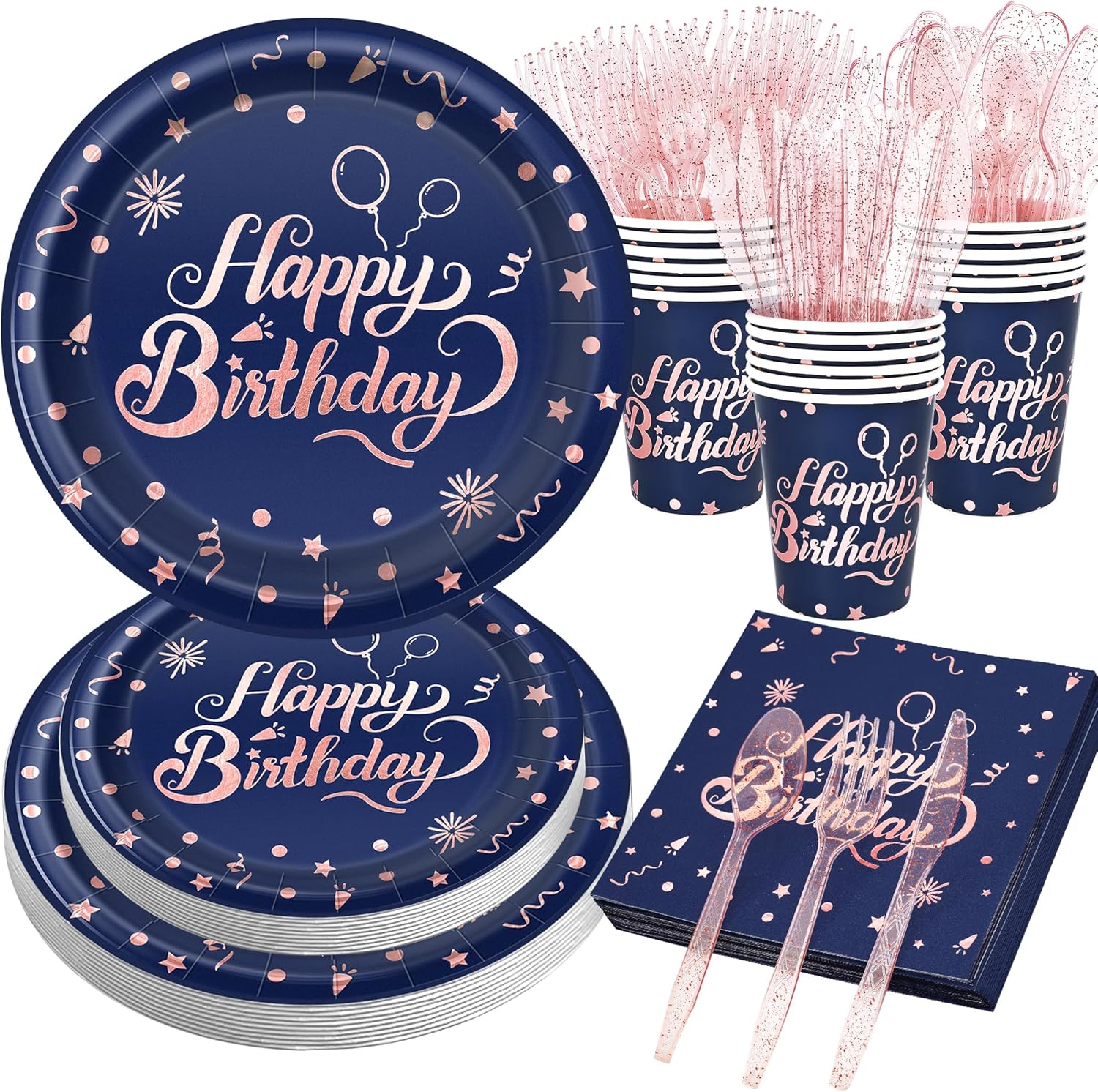 Amazon.com: 168Pcs Birthday Party Supplies Navy Blue and Rose Gold ...