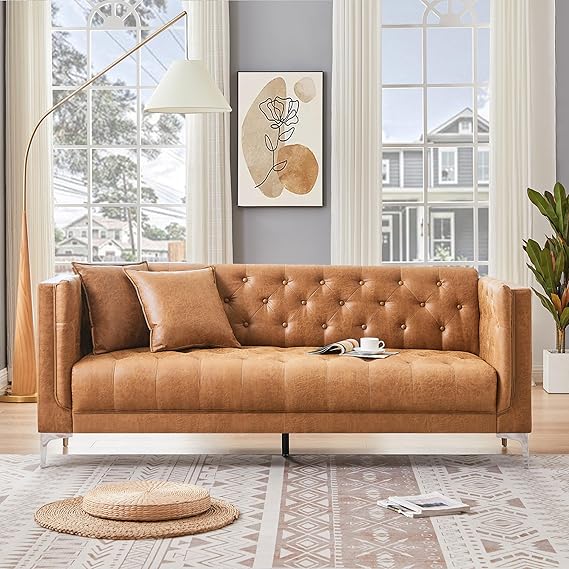 Amazon Hifit 79 W Brown Faux Leather Sofa Couch With 2 Pillows 3