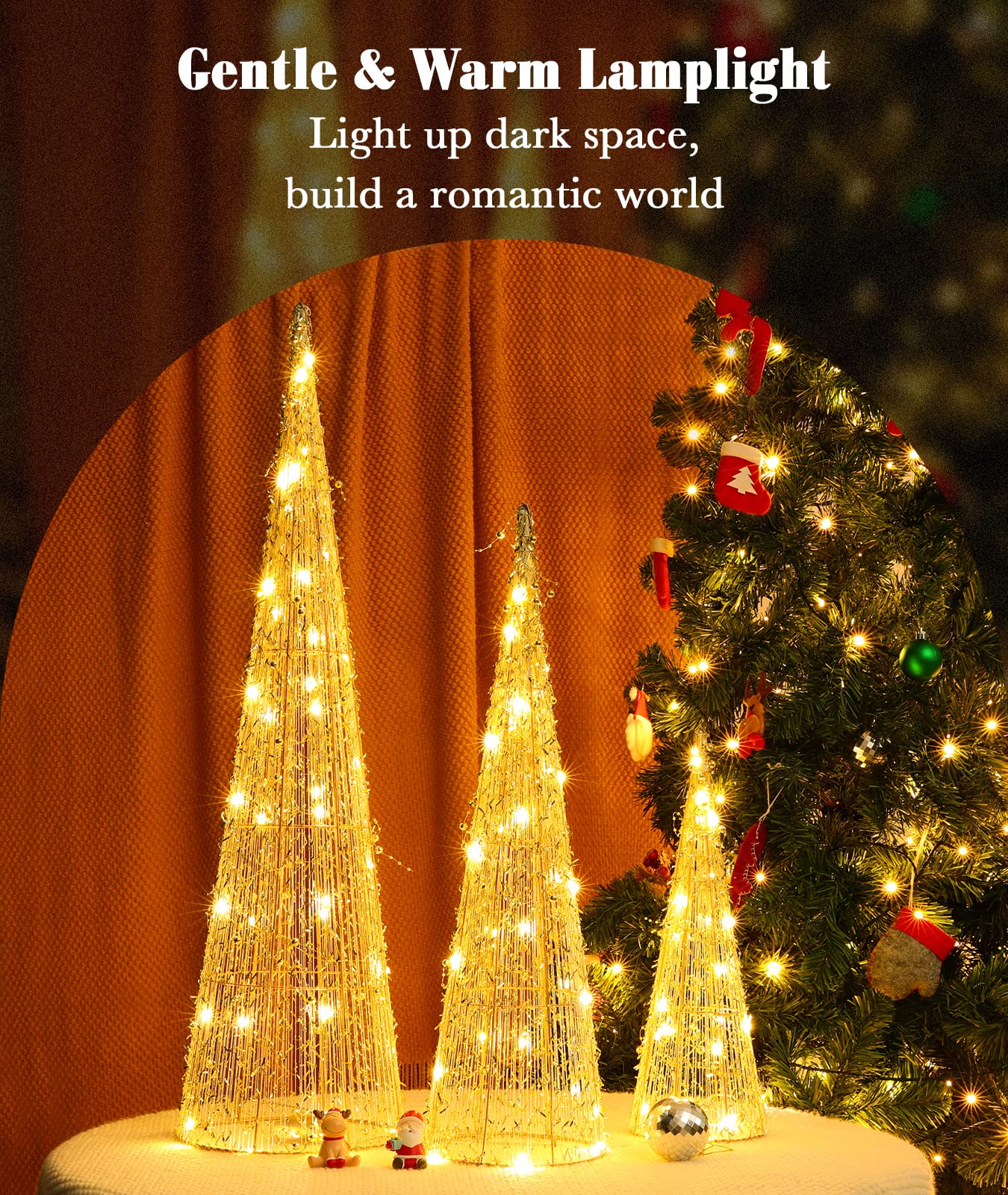 Lewondr Christmas Cone Trees, Christmas Tree with Lights Metal Beads ...