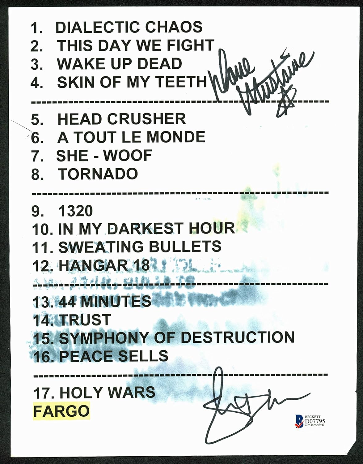 Megadeth Dave Mustaine & Shawn Drover Signed Original Set List BAS # ...