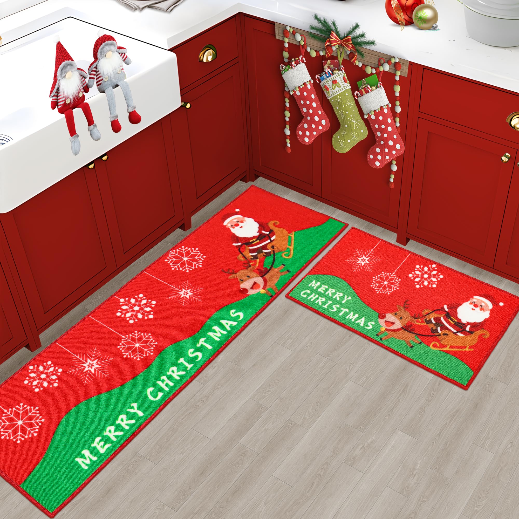 BEQHAUSE Christmas Kitchen Rugs Set of 2 Non-Slip Merry Christmas ...