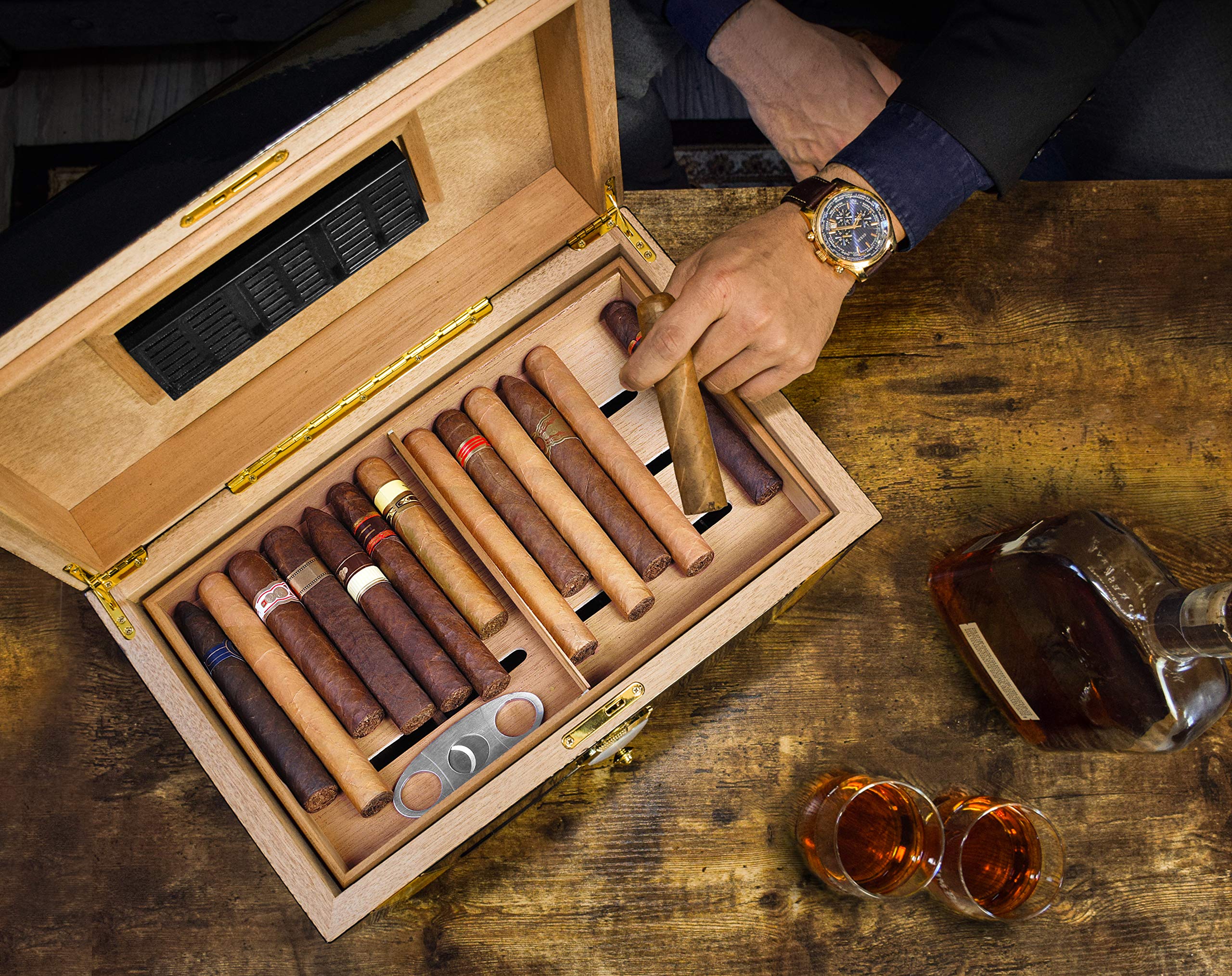 69Bourbons Exotic Cigar Humidor - Large Ebony Wood Storage Box with ...