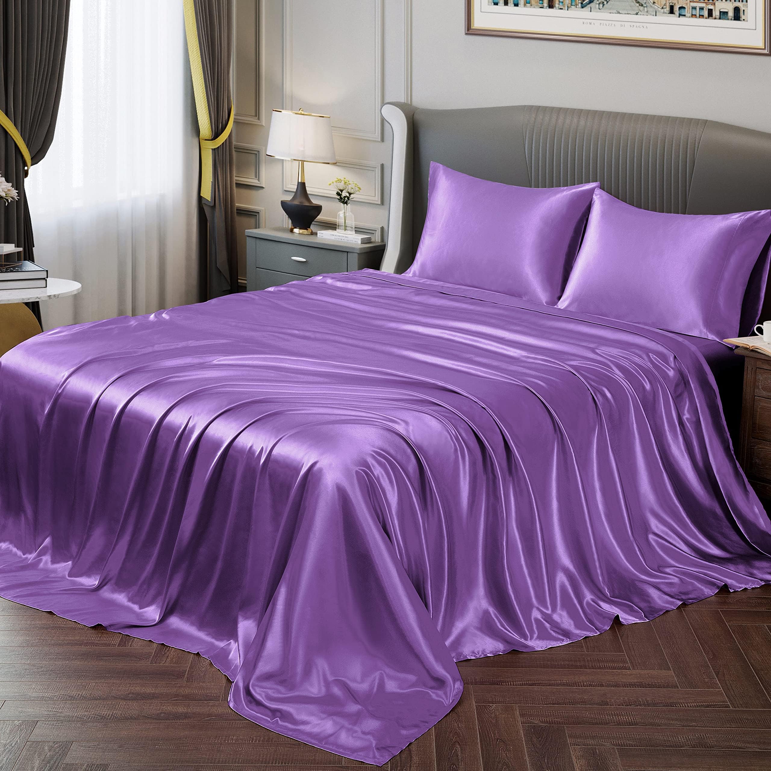 Amazon.com: Vonty Satin Sheets Full Size Silky Soft Satin Bed Sheets ...