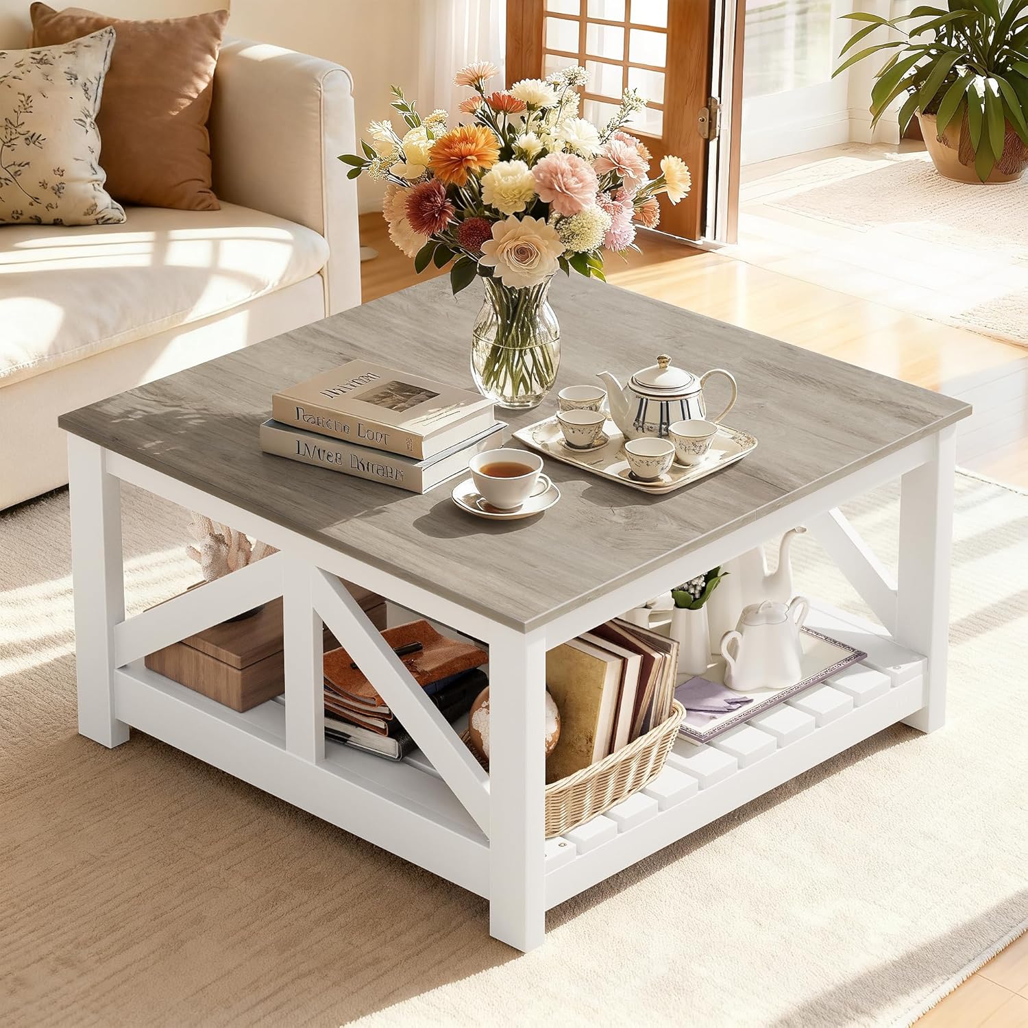 Amazon.com: YESHOMY Farmhouse Square Coffee Table with Storage, Rustic ...