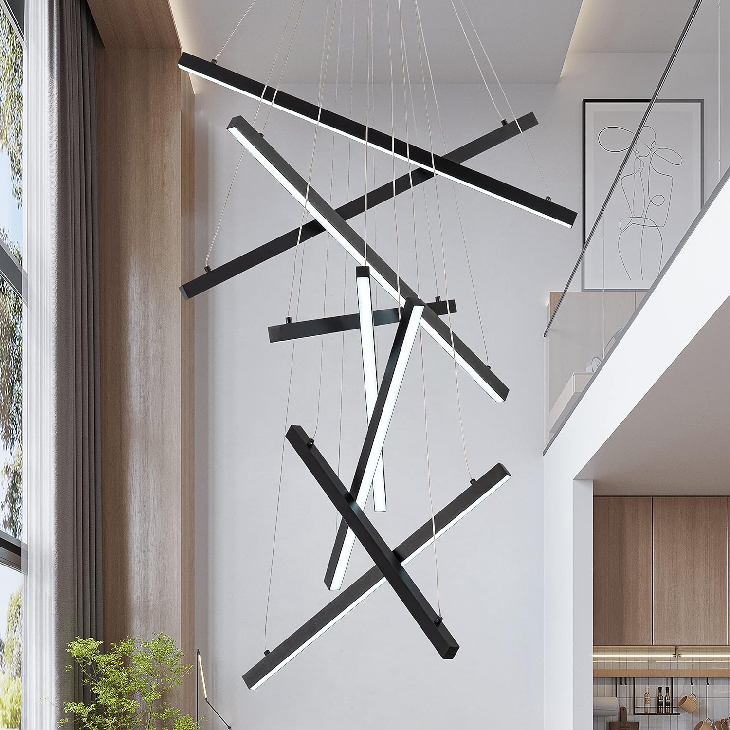 SUNMOO Modern Led Chandelier, High Ceiling Chandelier, Linear ...