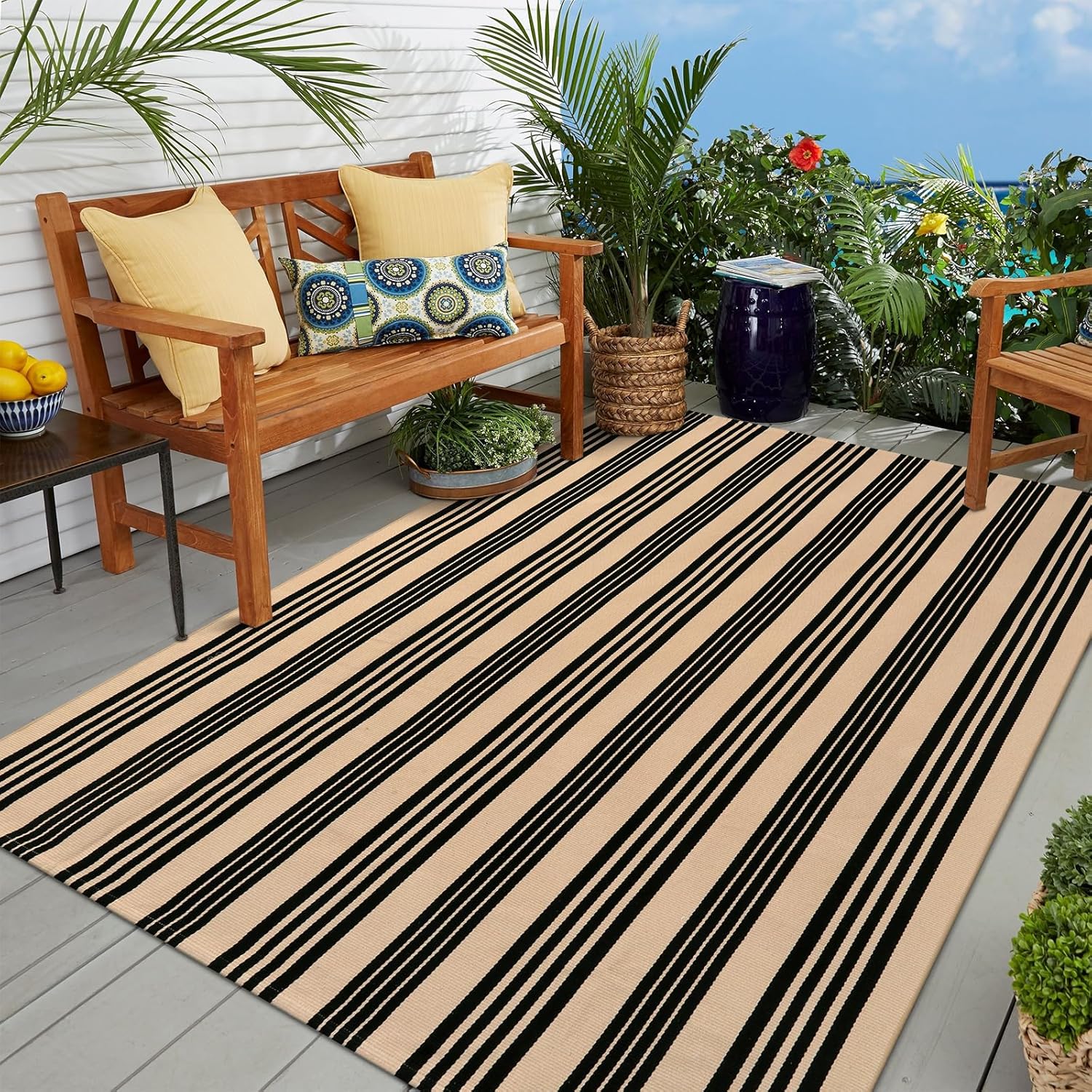 OJIA Outdoor Patio Rug 5'x7', Black and Tan Striped Outdoor Rugs ...