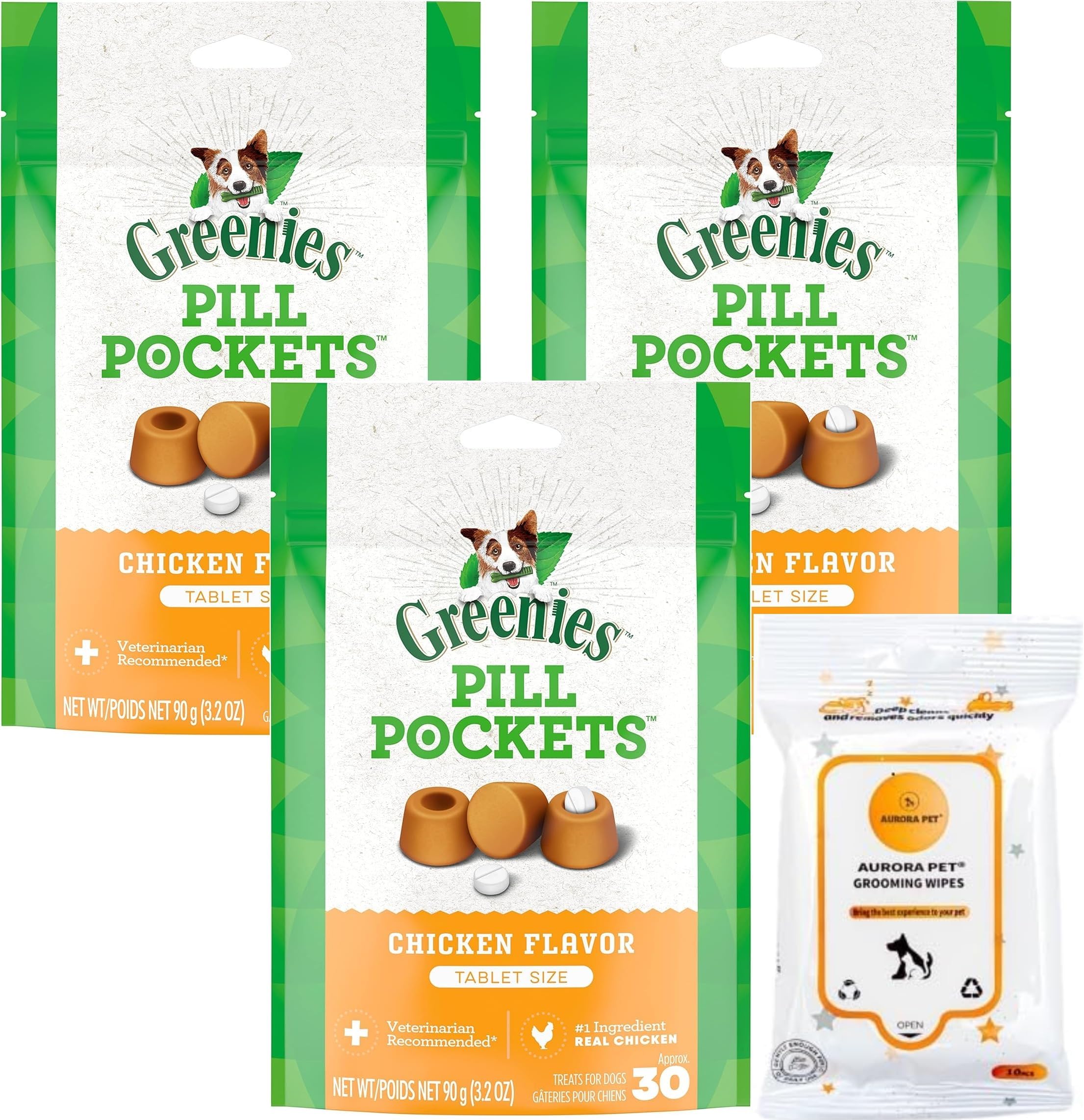Amazon.com : Aurora Pet Bundle Pack (3) 3.2-oz Greenie Pill Pockets Chicken Flavor Tablet Size ...
