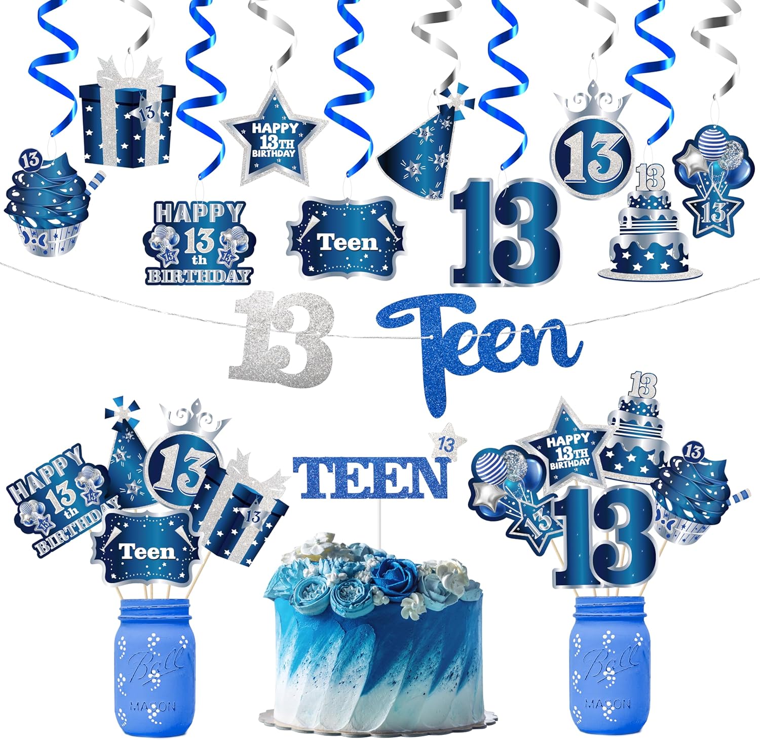 Amazon.com: BUoonyer 42pcs 13th Navy Blue Teen Birthday Banner Party ...