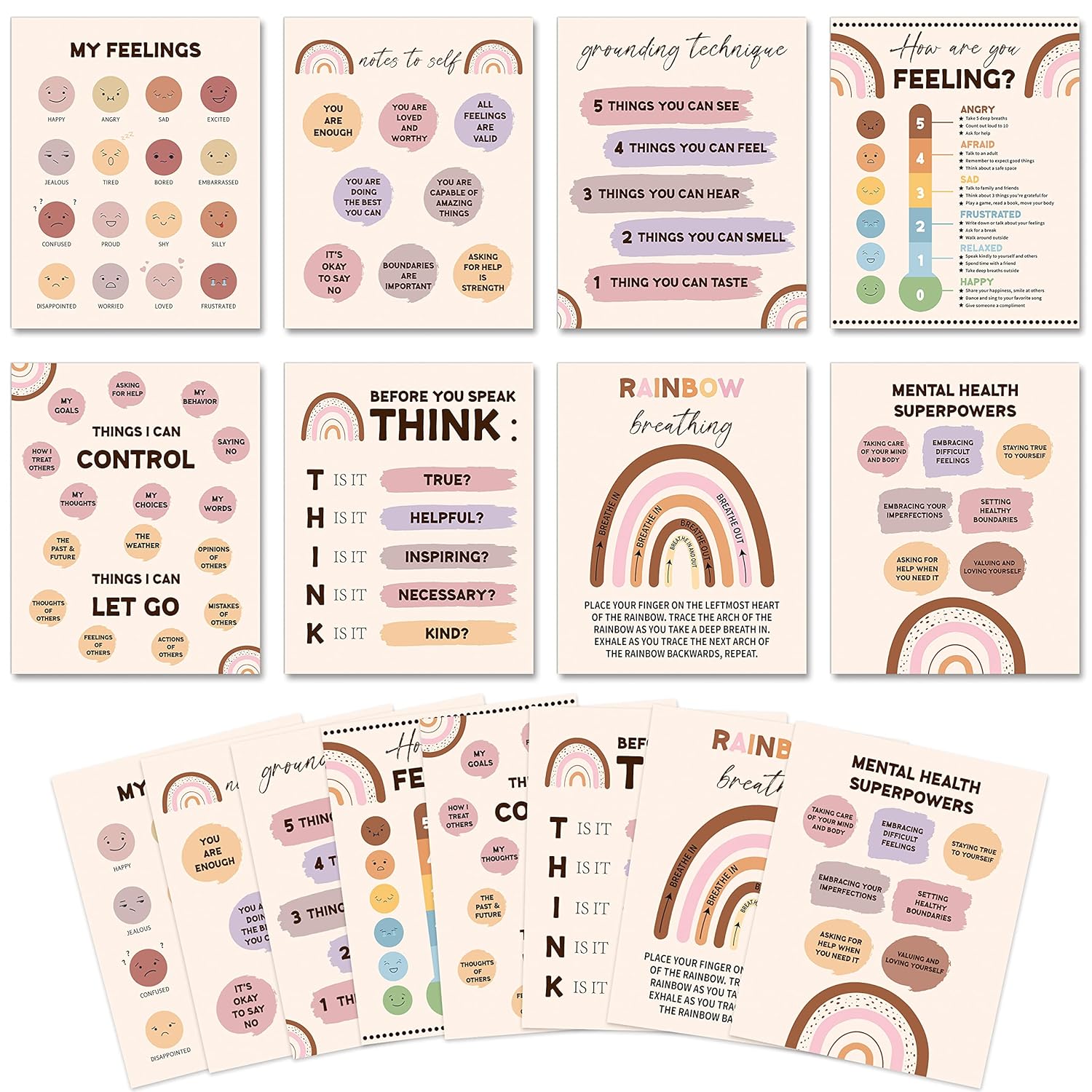 8Pcs Boho Rainbow Emotional Feelings Chart Posters For Kids Learning ...