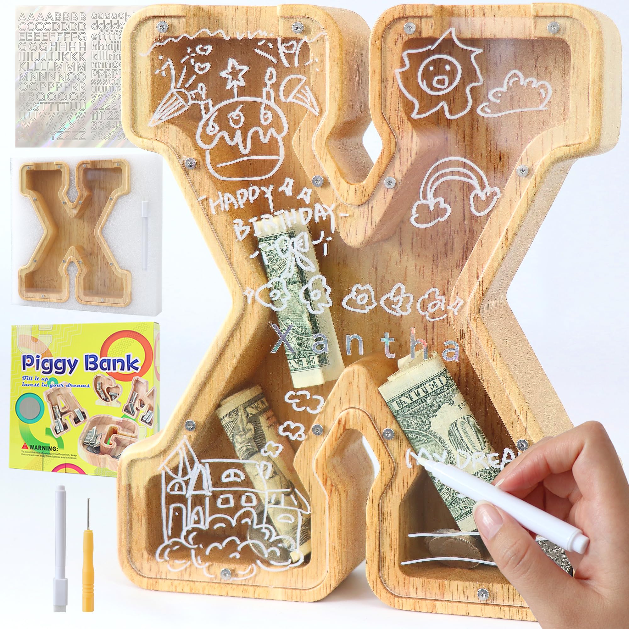 Mikytoper Letter Money Box for Kids Adults Large Wooden Personalized A ...