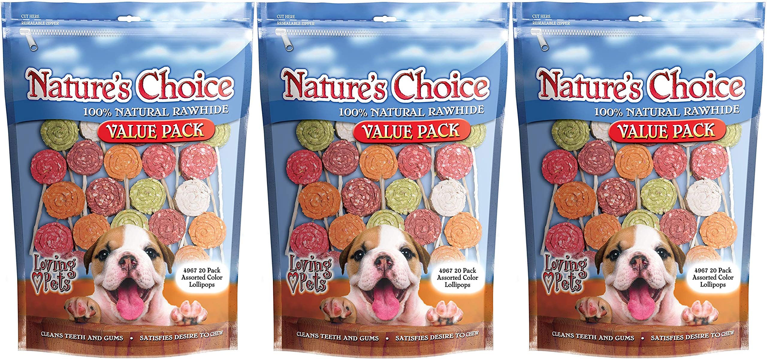 Loving Pets 3 Pack of Nature's Choice Natural Rawhide Lollipops, 20 ...
