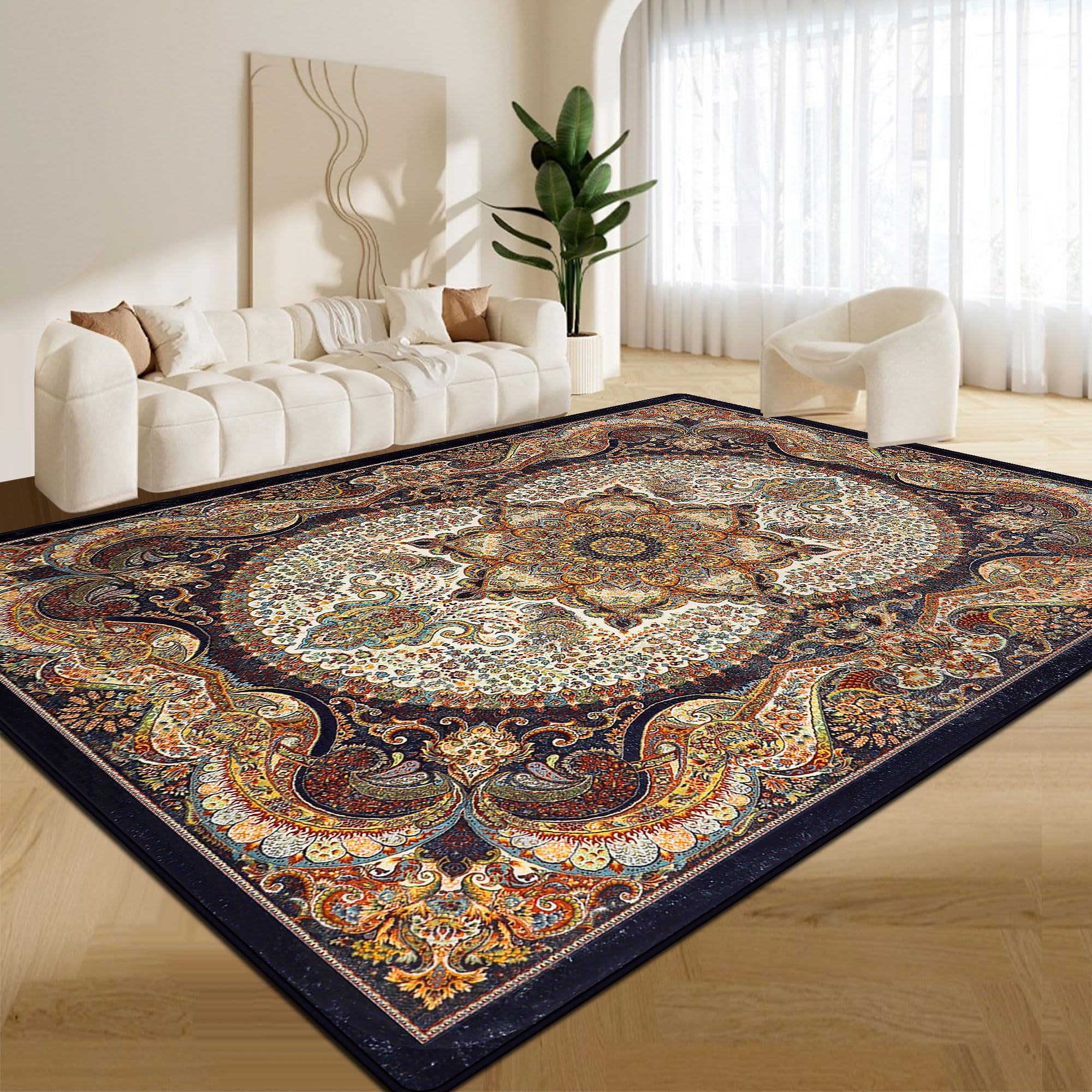 Oriental Area Rug 9x12, Vintage Rug Non Slip Low Pile Soft Large Rugs ...