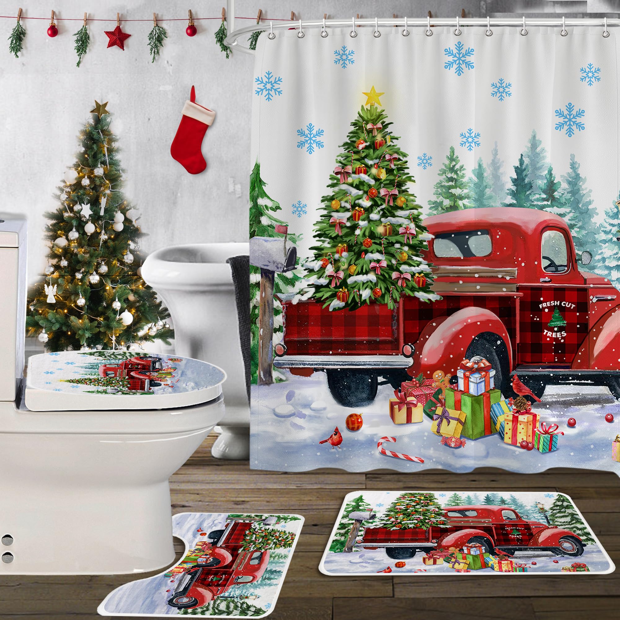 Amazon.com: Christmas Shower Curtain for Bathroom Set,Christmas Decor 4 ...