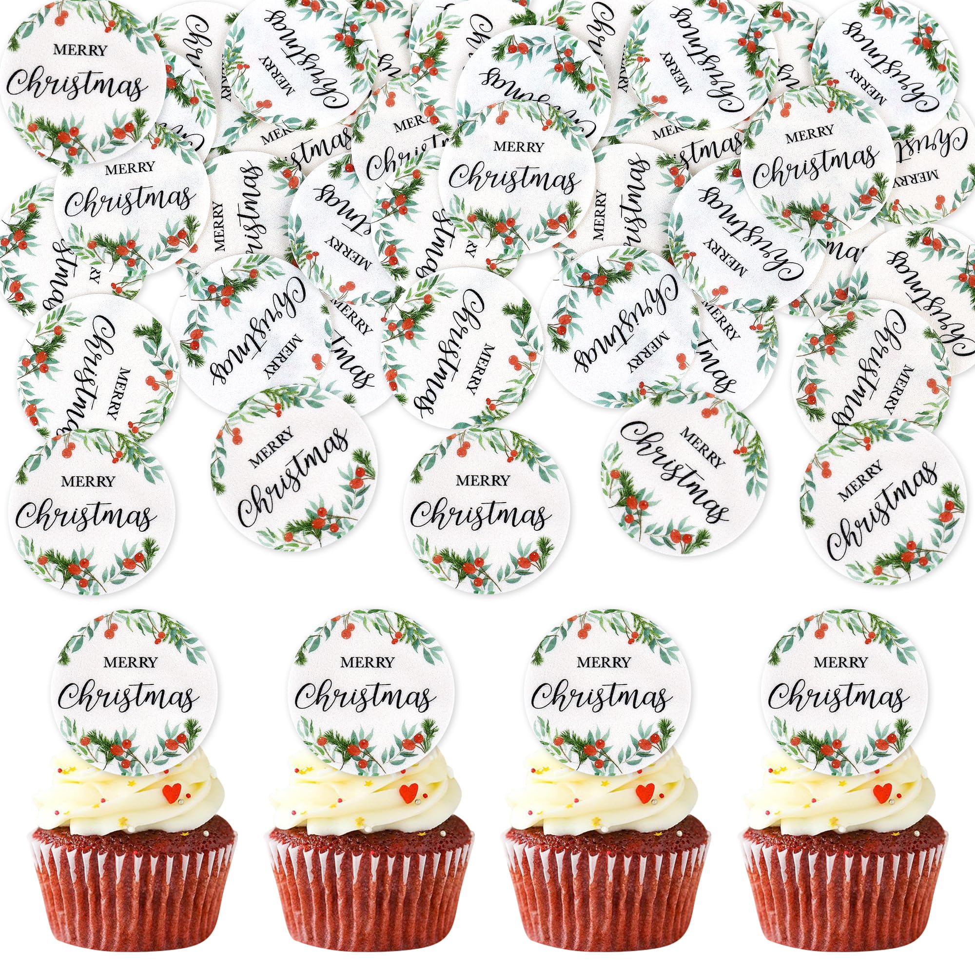 Amazon.com: Ercadio 40 Pcs Edible Merry Christmas Cupcake Toppers Merry ...