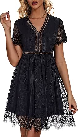 Amazon.com: Funlingo Women's V Neck Floral Lace Wedding Guest Dress Short Sleeve Bridesmaid ...