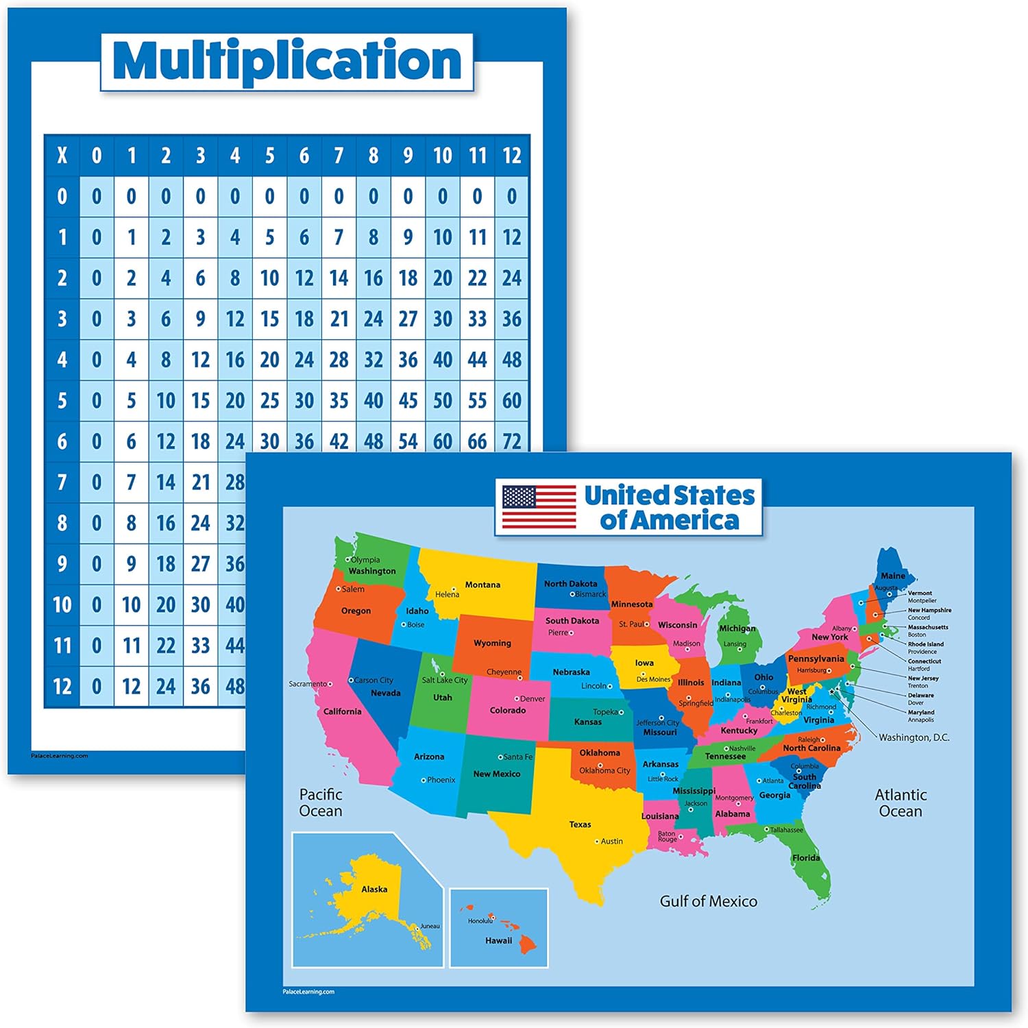2 Pack - Multiplication Table Poster & USA Map for Kids (Laminated, 18 ...
