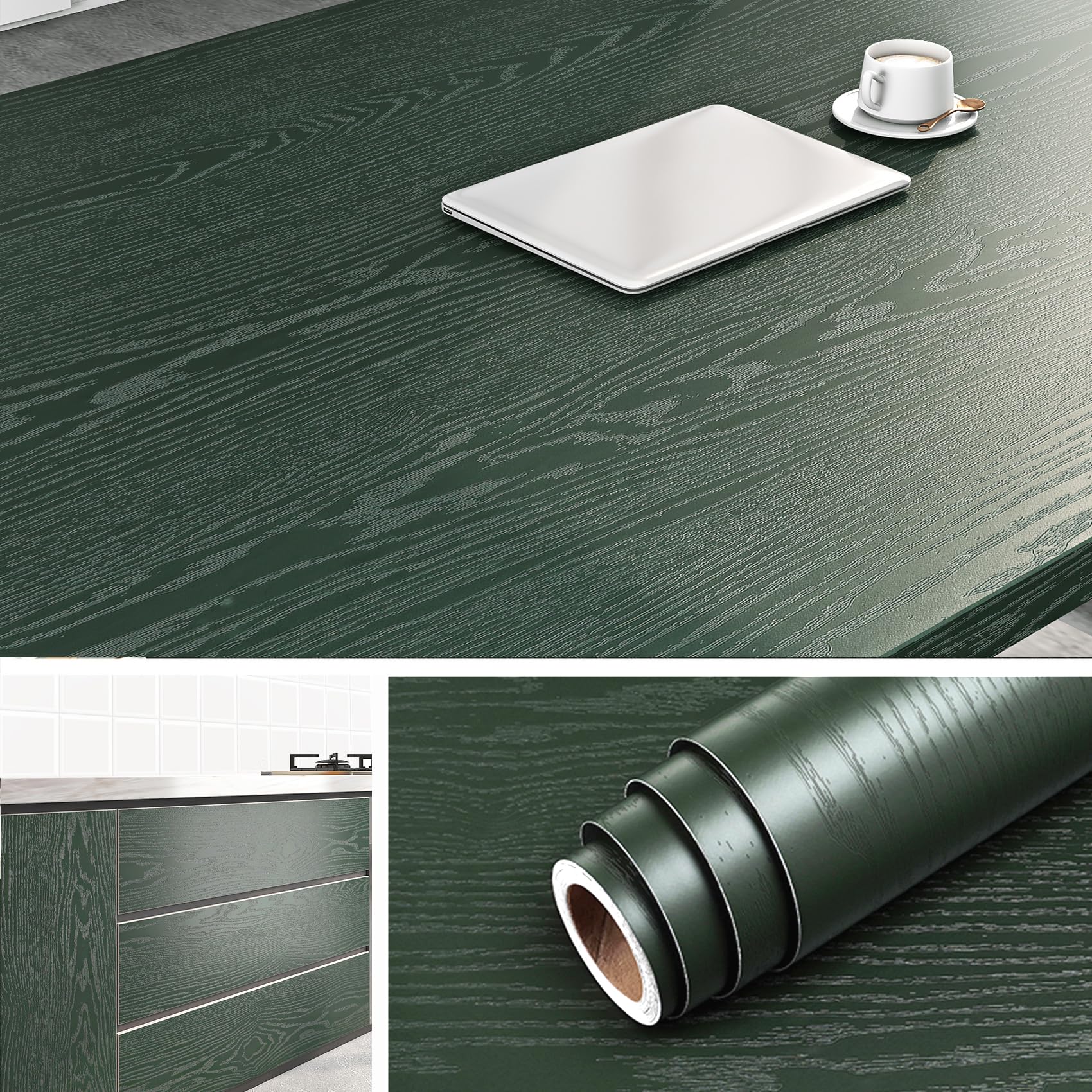 Livelynine 15.8x197 Inch Dark Green Peel and Stick Wallpaper Wood Grain ...