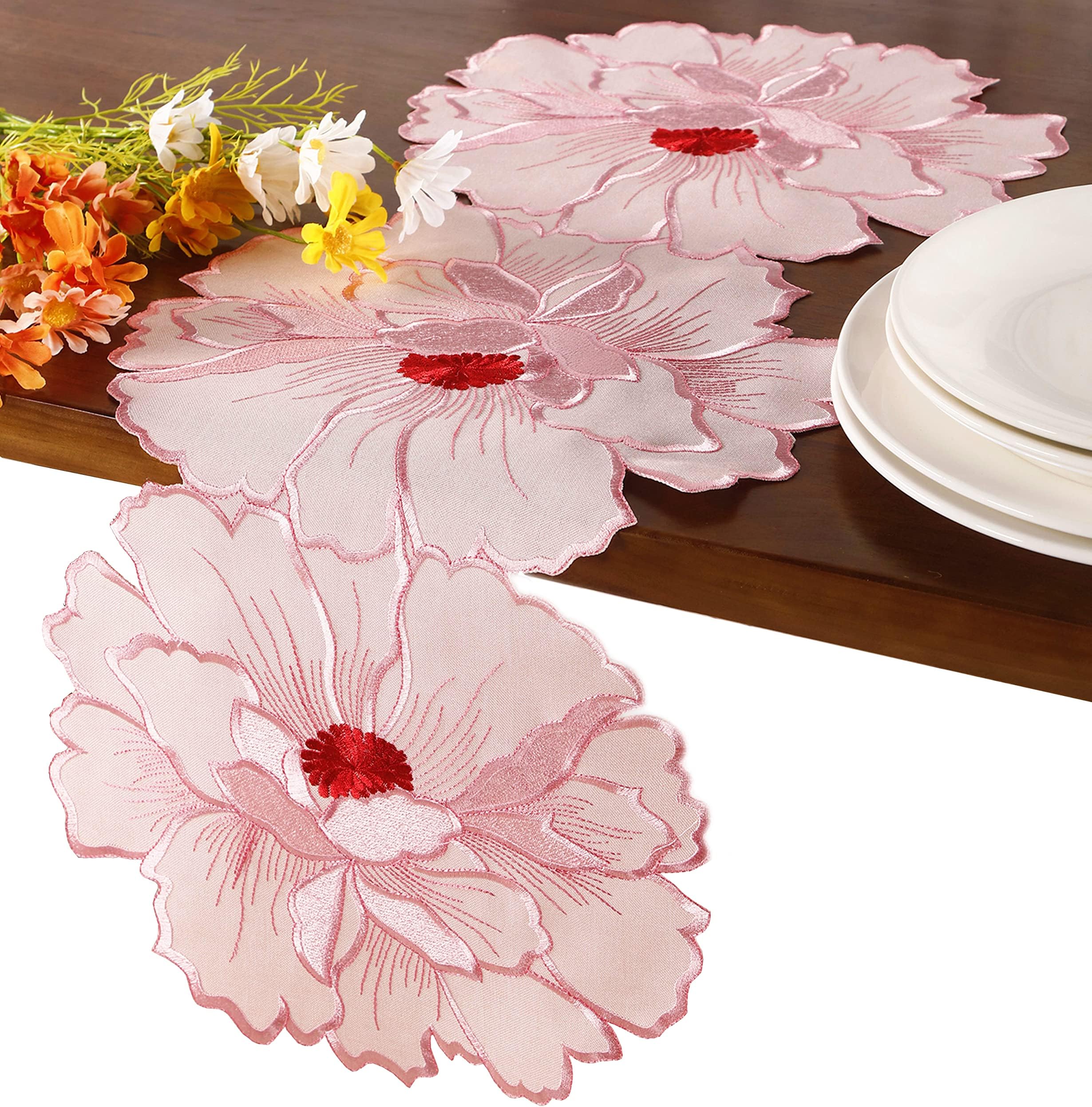 Amazon.com: Creative Linens Embroidered Pink Rose Daisy Floral Table ...