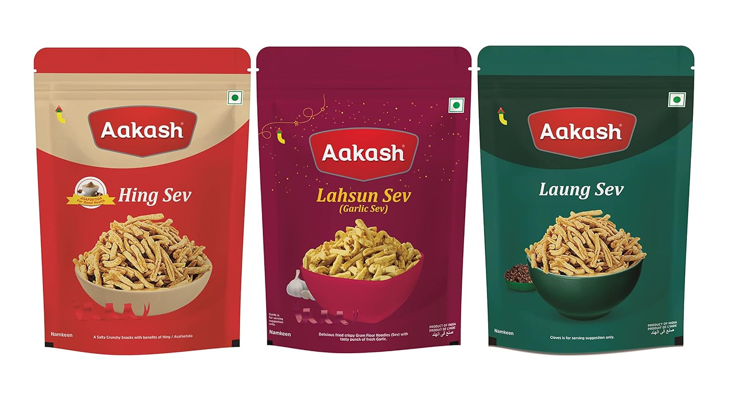 Aakash Namkeen Sev Combo | Pack of 3 | 350 Gm Each | Hing Sev, Lahsun ...