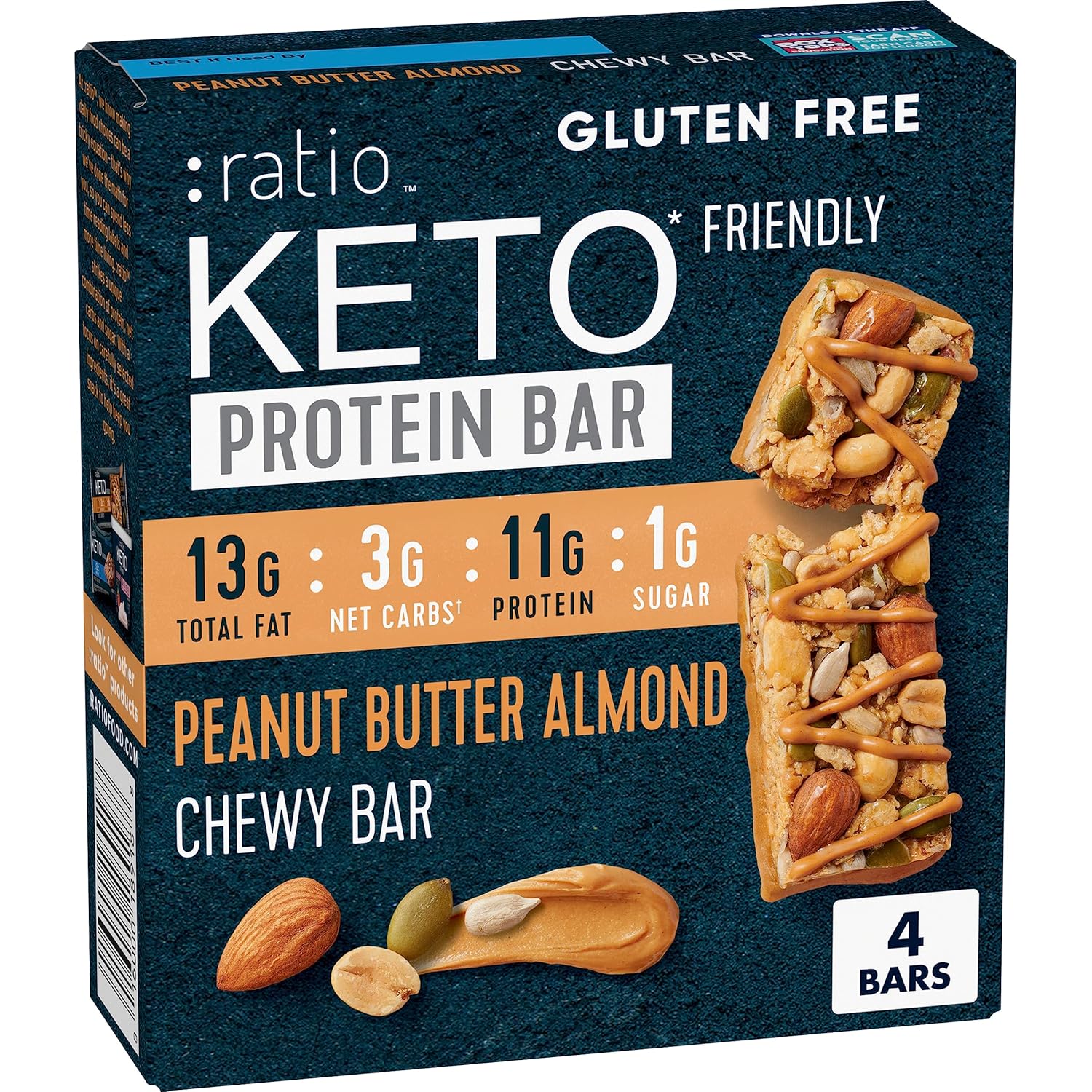 Amazon.com: Ratio Chewy Protein Bar, Peanut Butter Almond, 11g Protein ...