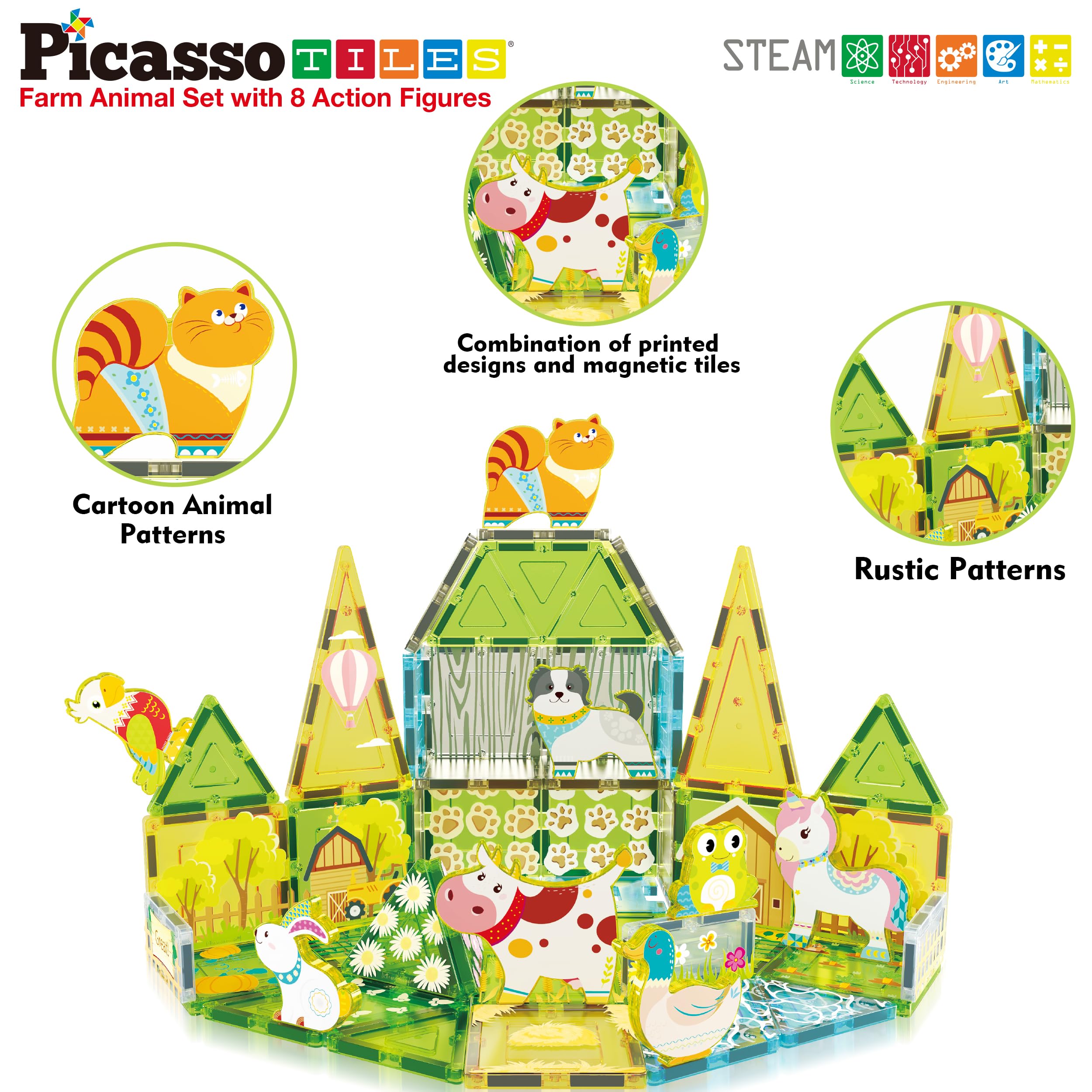 Snapklik.com : PicassoTiles Magnet Tile Building Blocks Farm Animal Toy Set