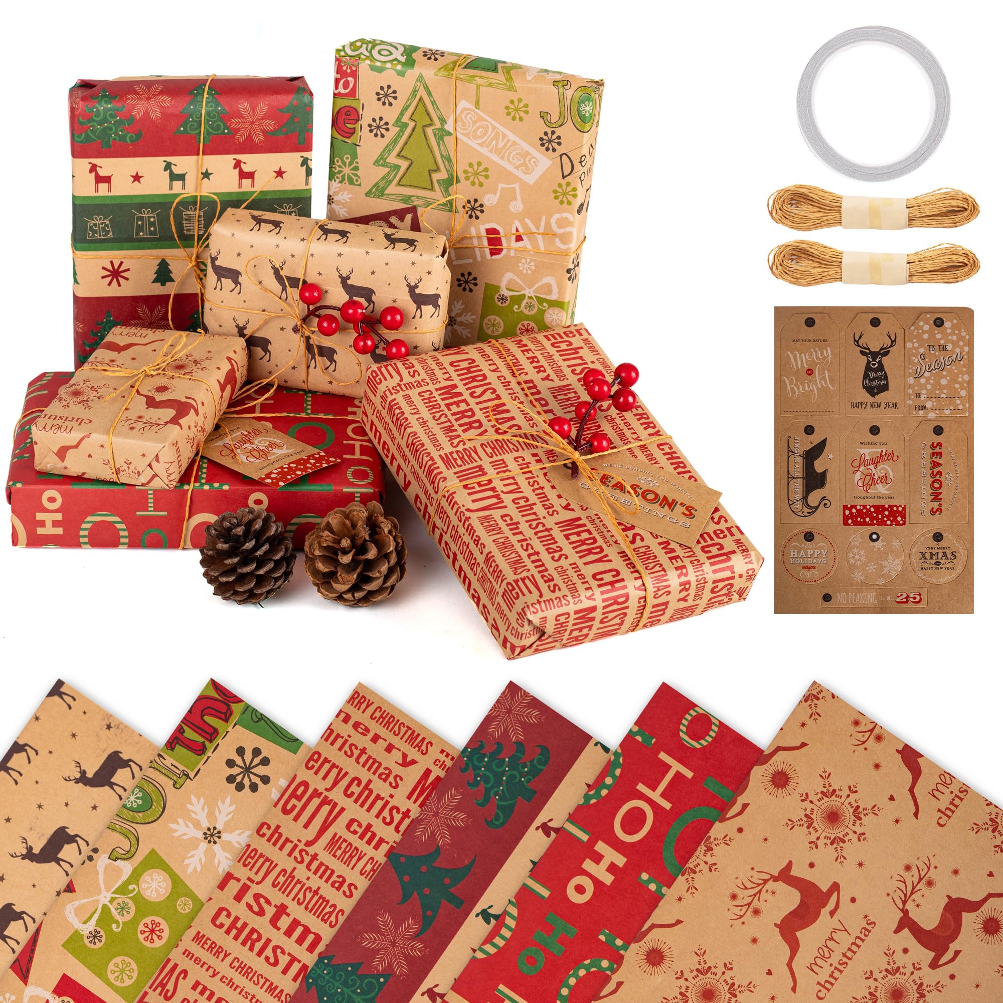 6 Sheets Christmas Wrapping Paper Set Large 70x50cm Recycled Kraft Xmas ...