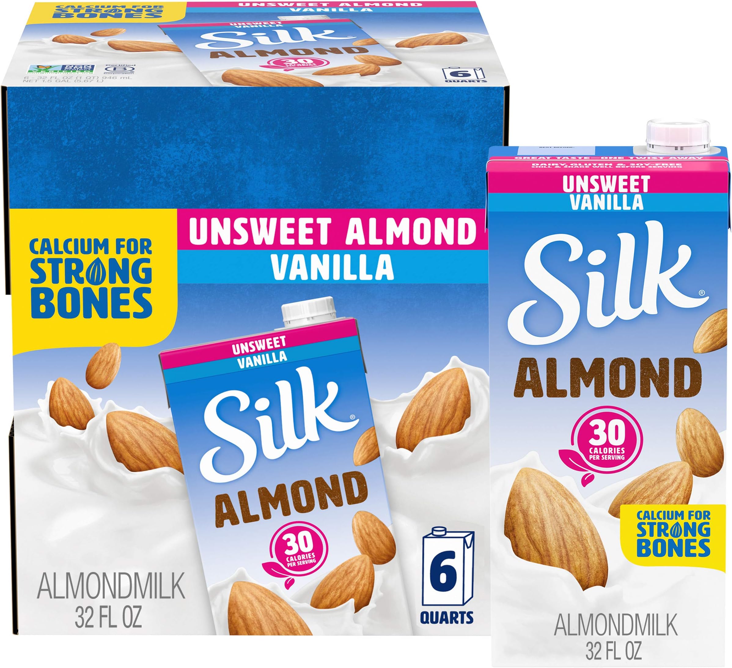 Amazon.com: Silk Shelf-Stable Almond Milk, Unsweetened Vanilla, Dairy ...
