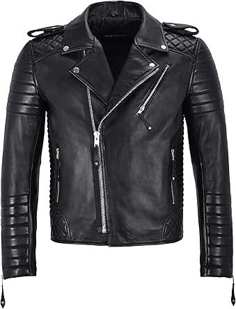 Smart Range Brando Men's Real Black Leather Jacket Quilted Soft Slim ...