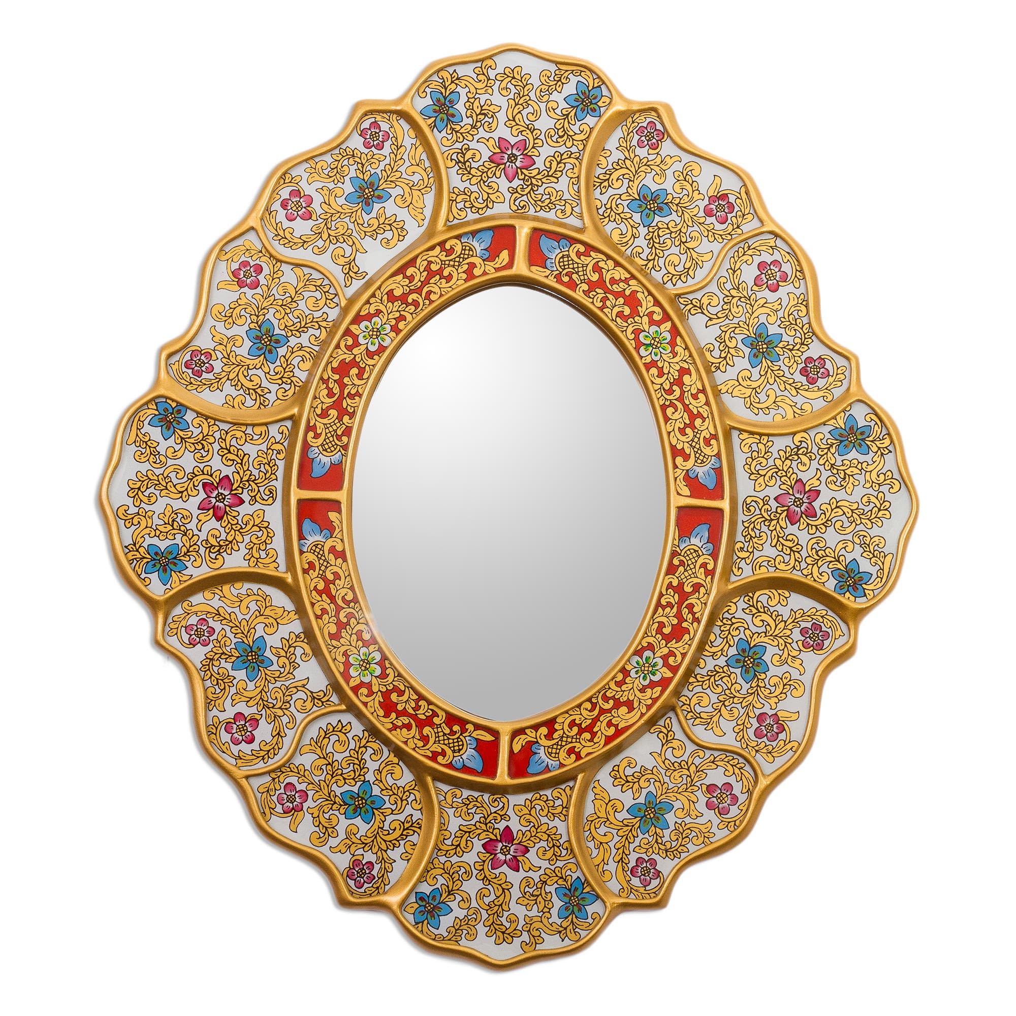 NOVICA Artisan Handmade Reversepainted Glass Wall Mirror White Gold ...
