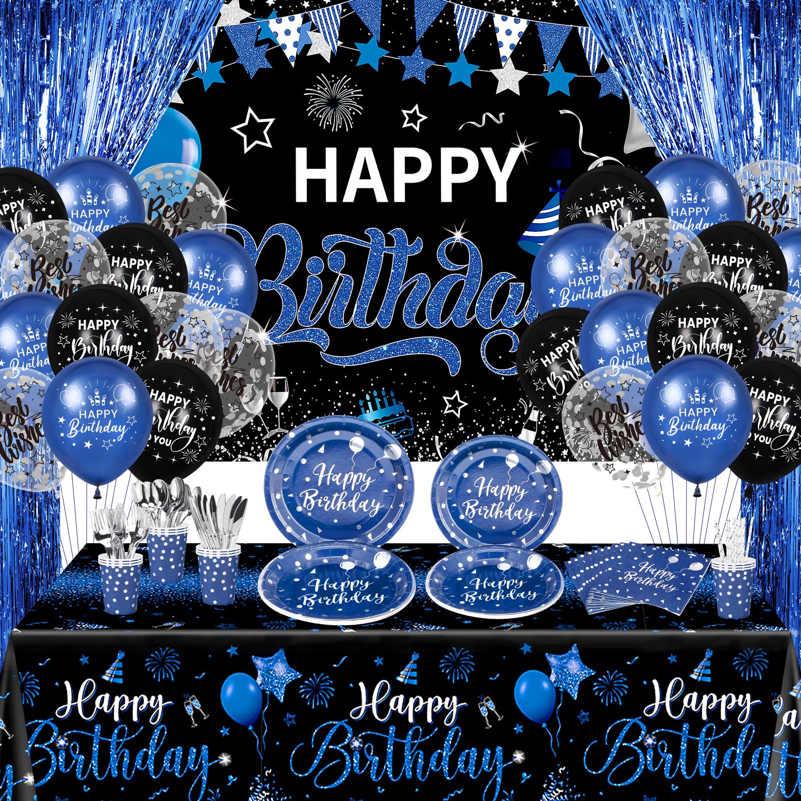 Amazon.com: Blue and Black Birthday Decorations for Men Boys Women 131 ...