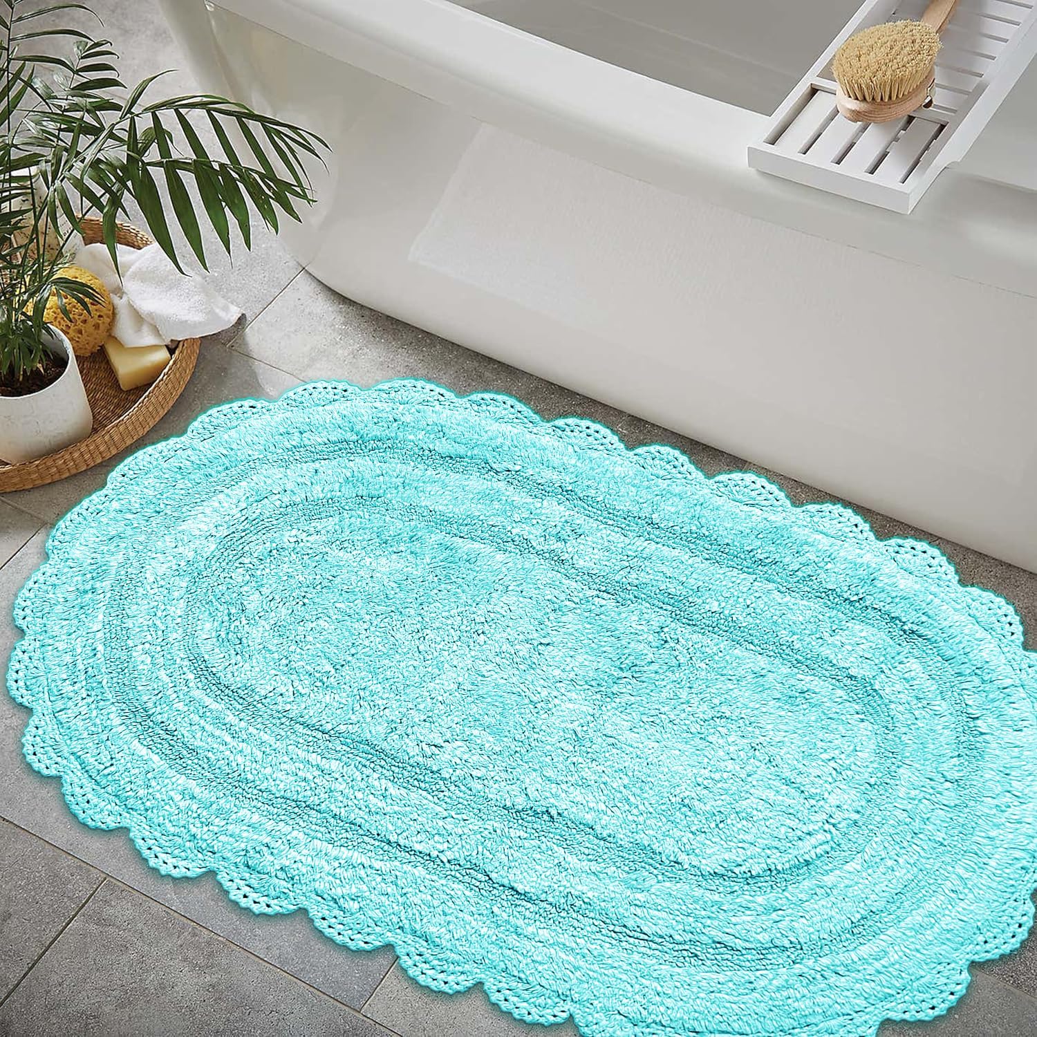 Amazon.com: Chardin home Turquoise Crochet Bathrug, 100% Cotton Oval ...