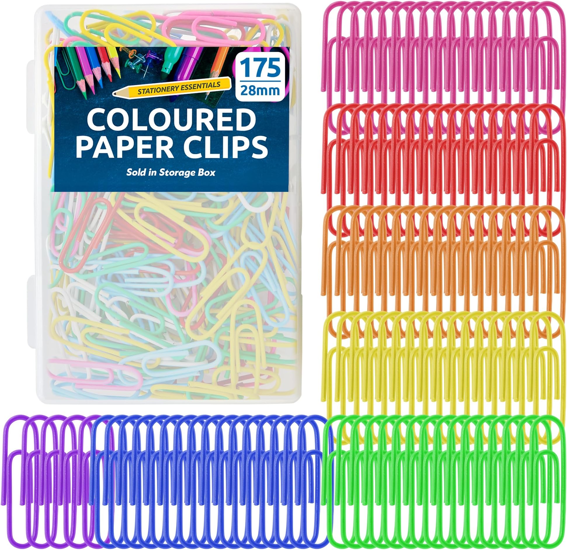 SOL 175pk Coloured Paper Clips, Small 28mm Paperclips in Storage Box ...
