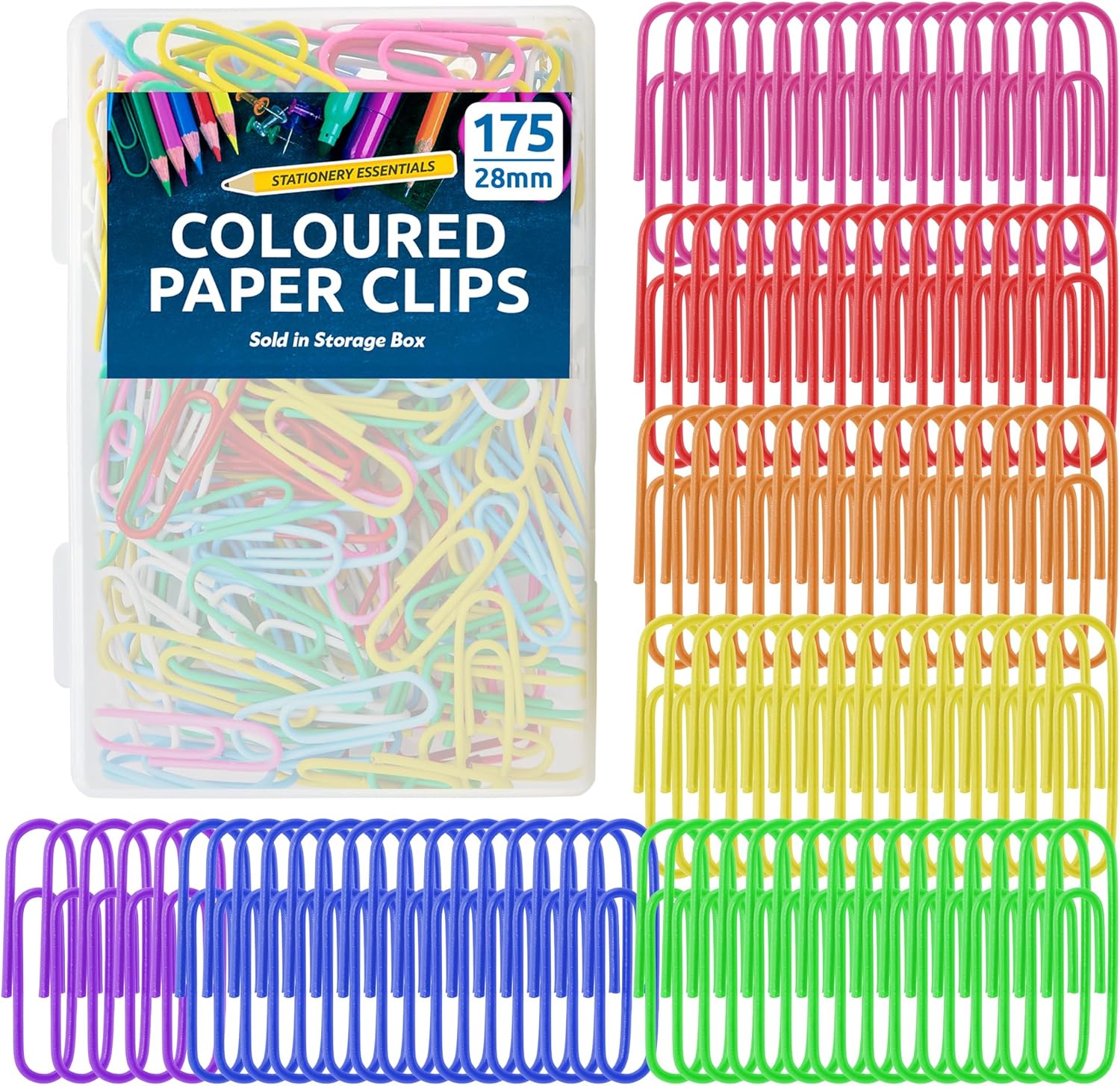 SOL 175pk Coloured Paper Clips, Small 28mm Paperclips in Storage Box ...