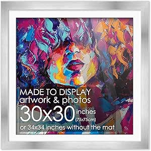 Amazon.com - 30x30 Frame Silver Wood With White Mat | 34x34 Frame ...