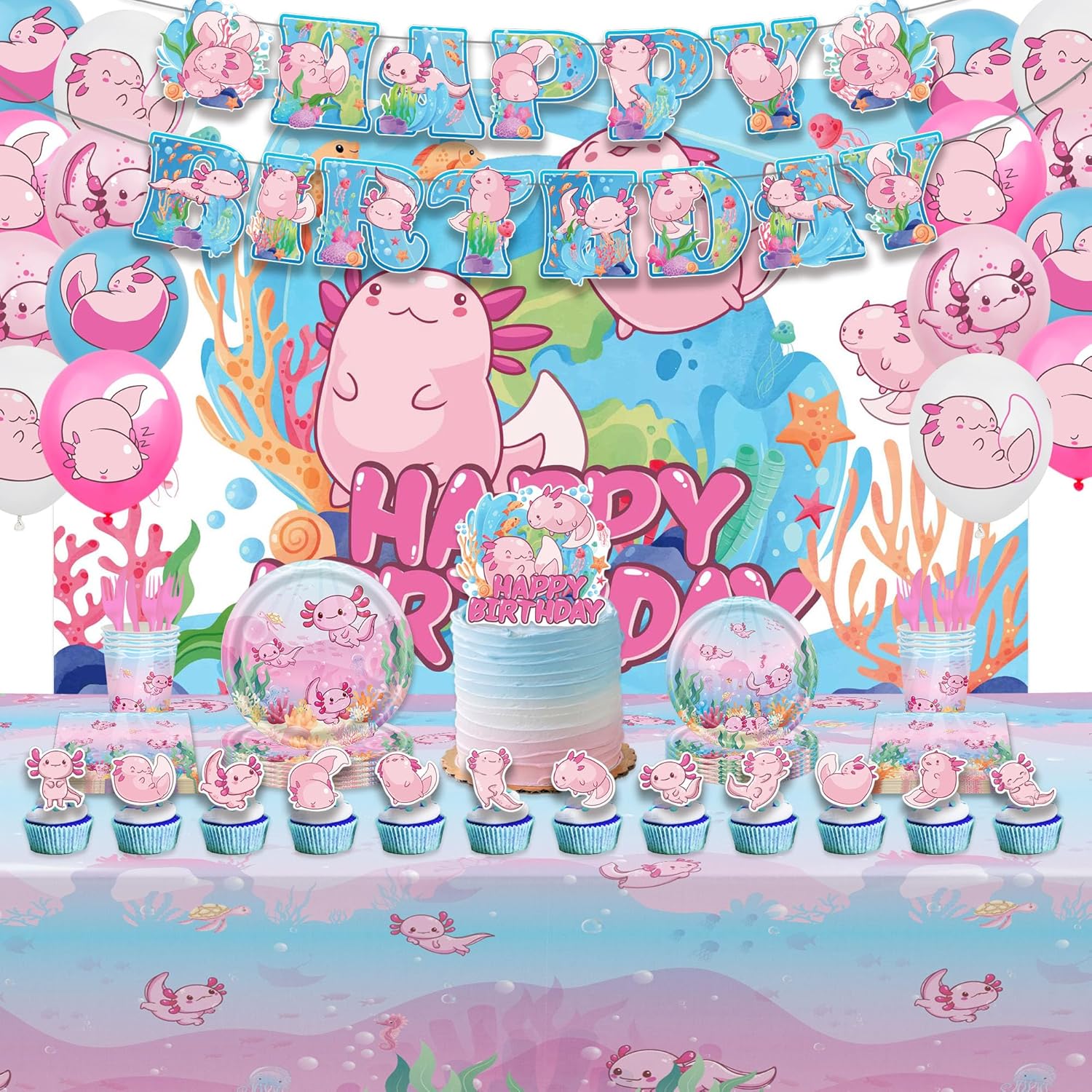 Axolotl Birthday Decorations Include Banner-Balloons-Plates-Napkins ...