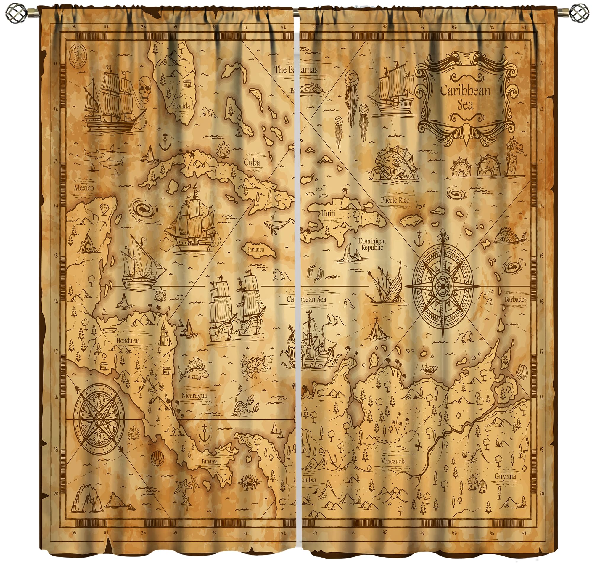 Amazon.com: YungHo Nautical Island Map Curtain, Vintage Old Map Pirate ...