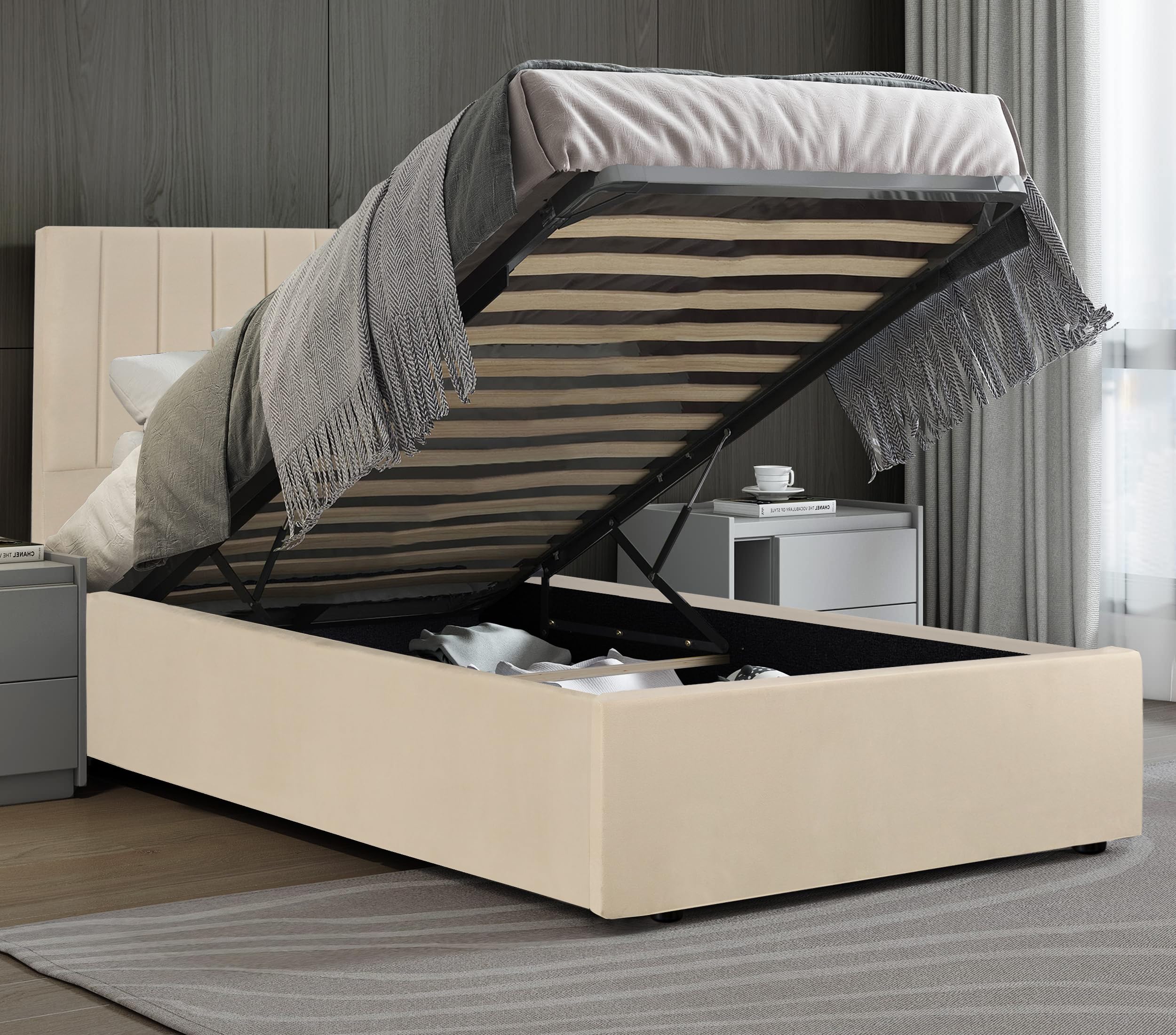 Upholstered Ottoman Bed Single Bed Frame UKFR Velvet Beige Ottoman ...
