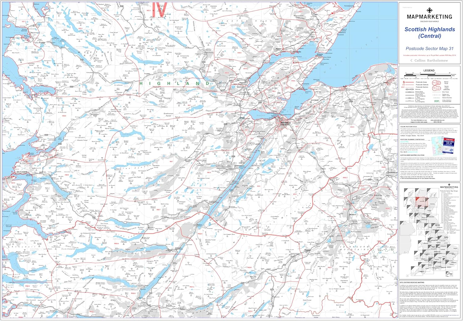 Scottish Highlands (Central) Postcode Sector Wall Map- Postcode Sector ...