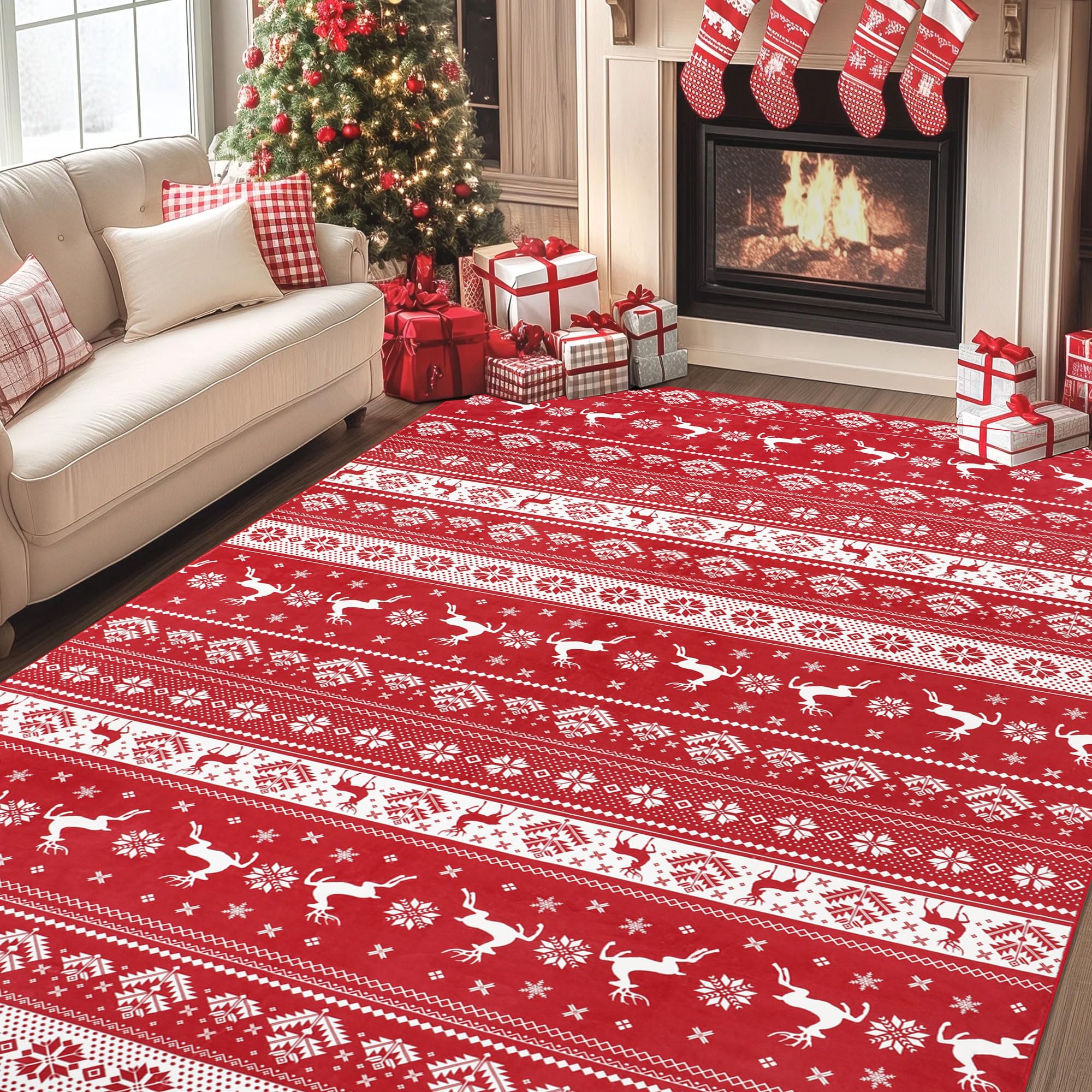 Amazon.com: Homcomoda Christmas Area Rug 5x8 Clearance Red Washable ...