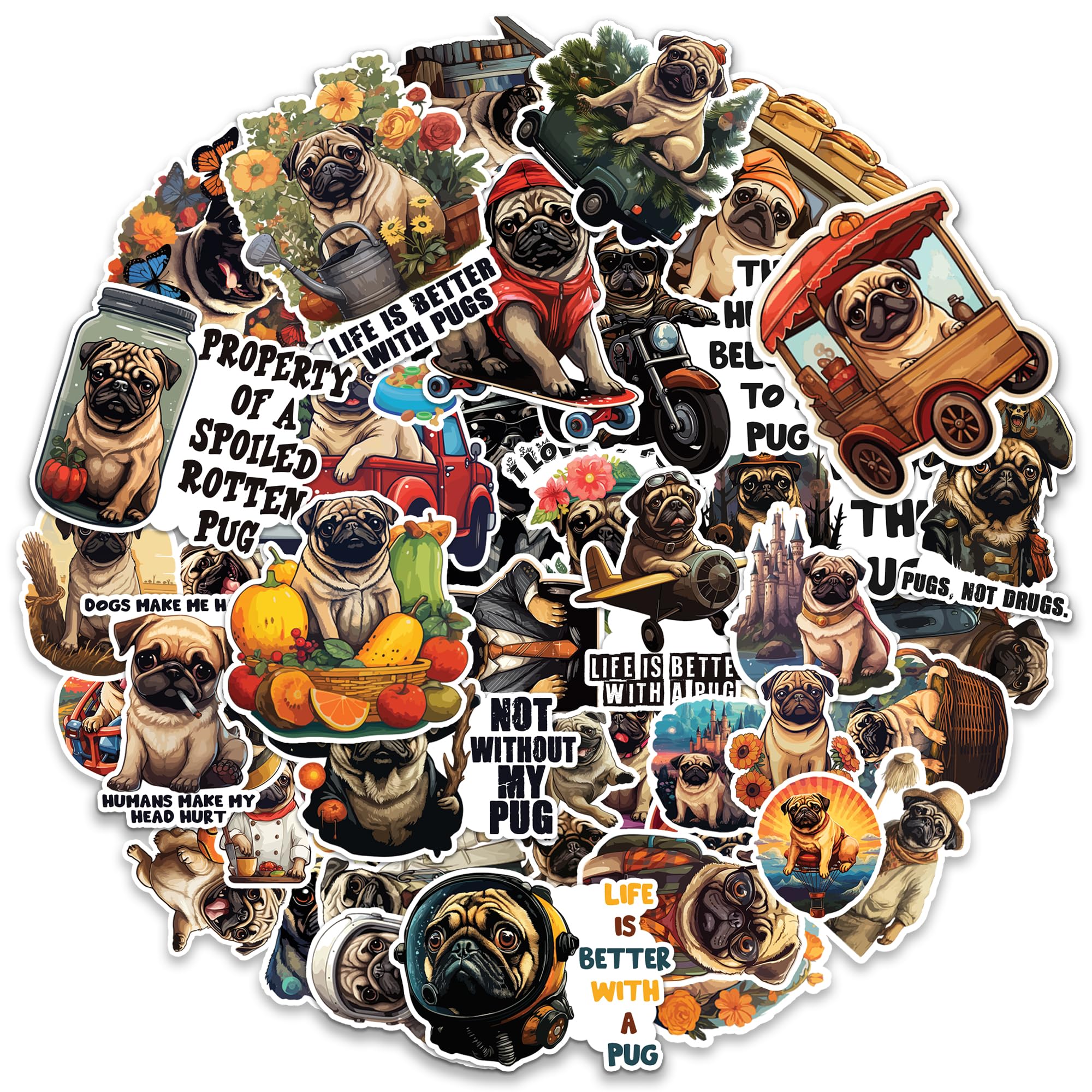 Amazon.com: MONIZY Pug Stickers 50 Pieces Vinyl Waterproof Decal for ...