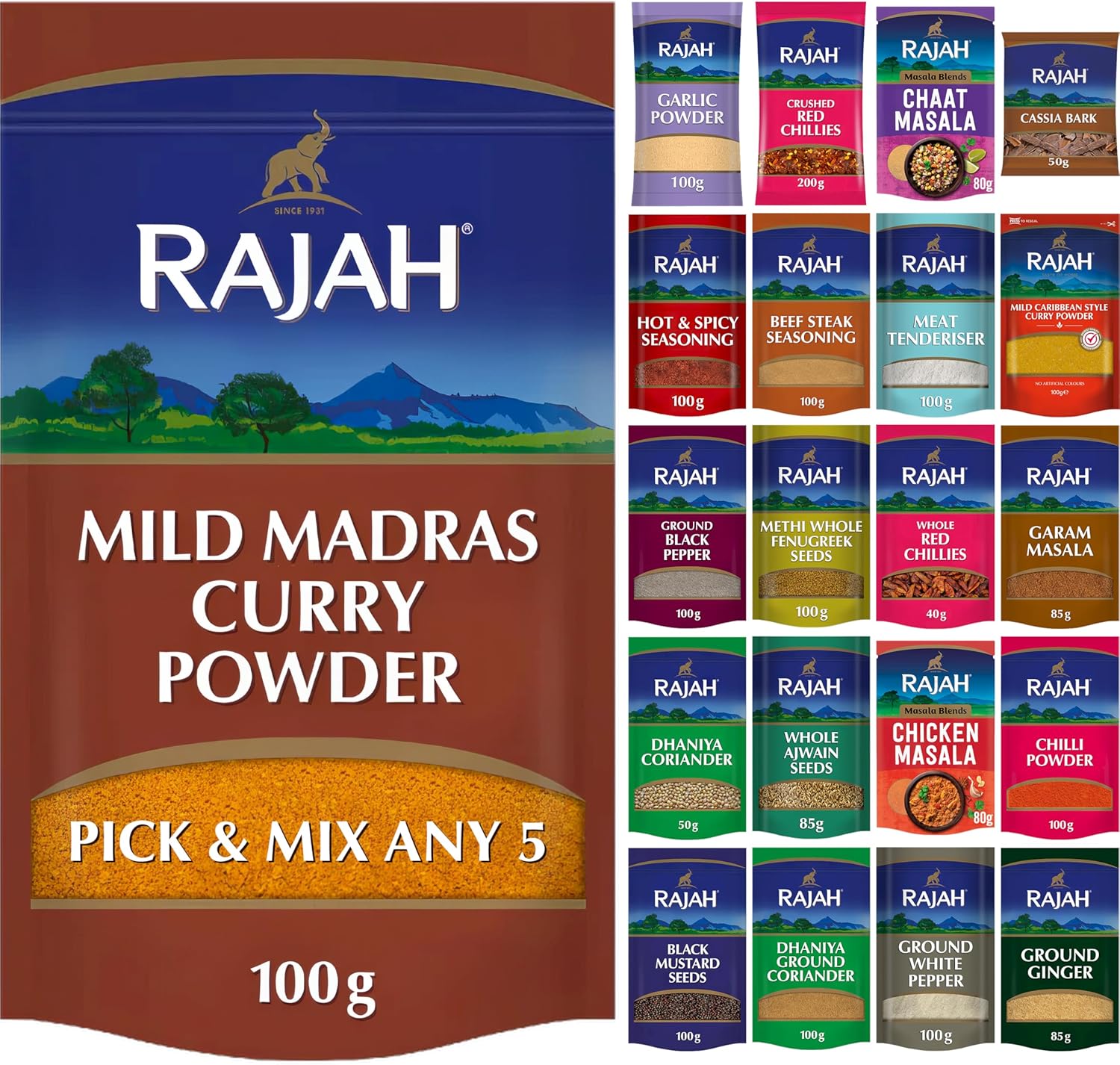 Mild Madras Curry Powder by Rajah Spices | 5 x 100g | or Pick any 5 ...