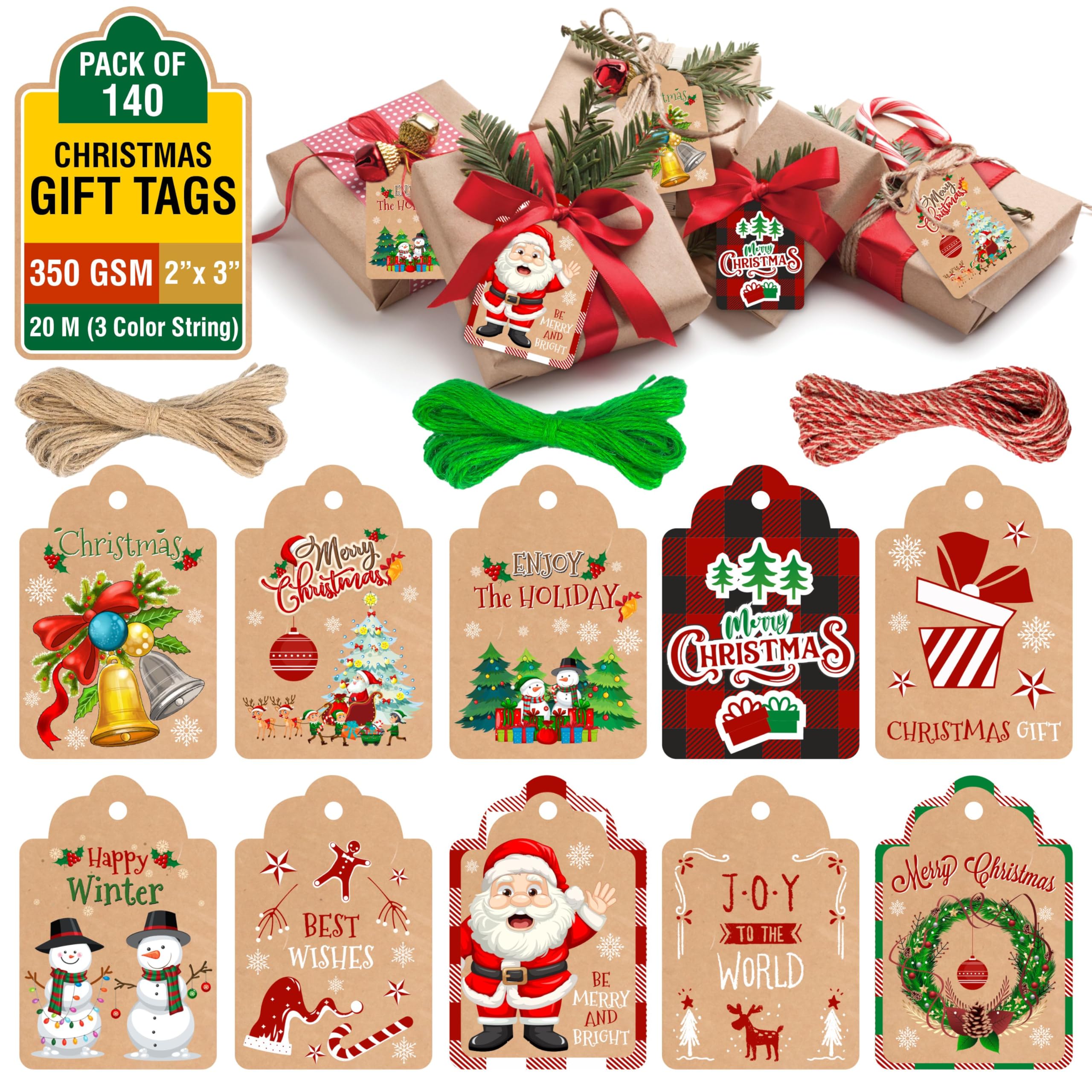 Amazon.com : Christmas Gift Tags 140 Pack-Christmas Tags with Twine ...