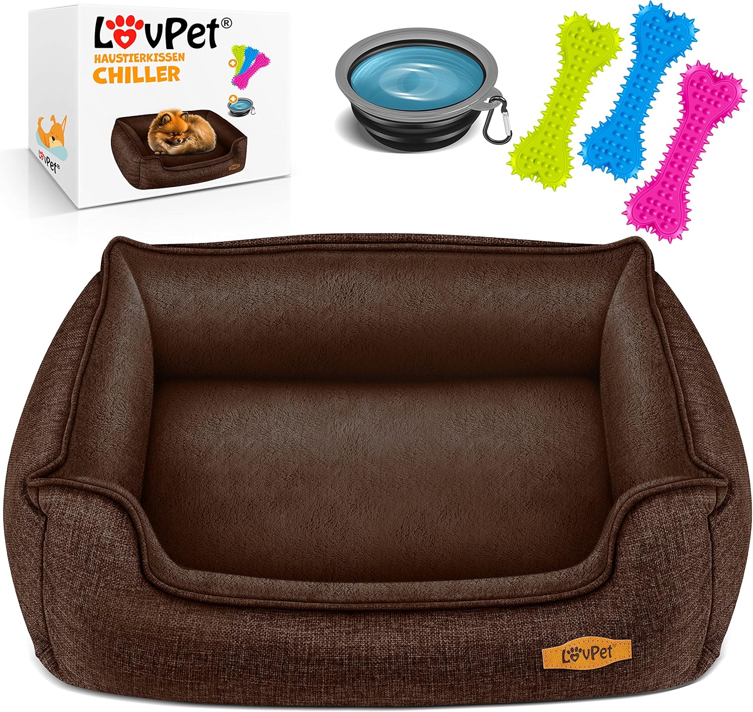 Lovpet® Dog Bed with Chiller Cushion, Bowl + 3 Chew Bones Included ...