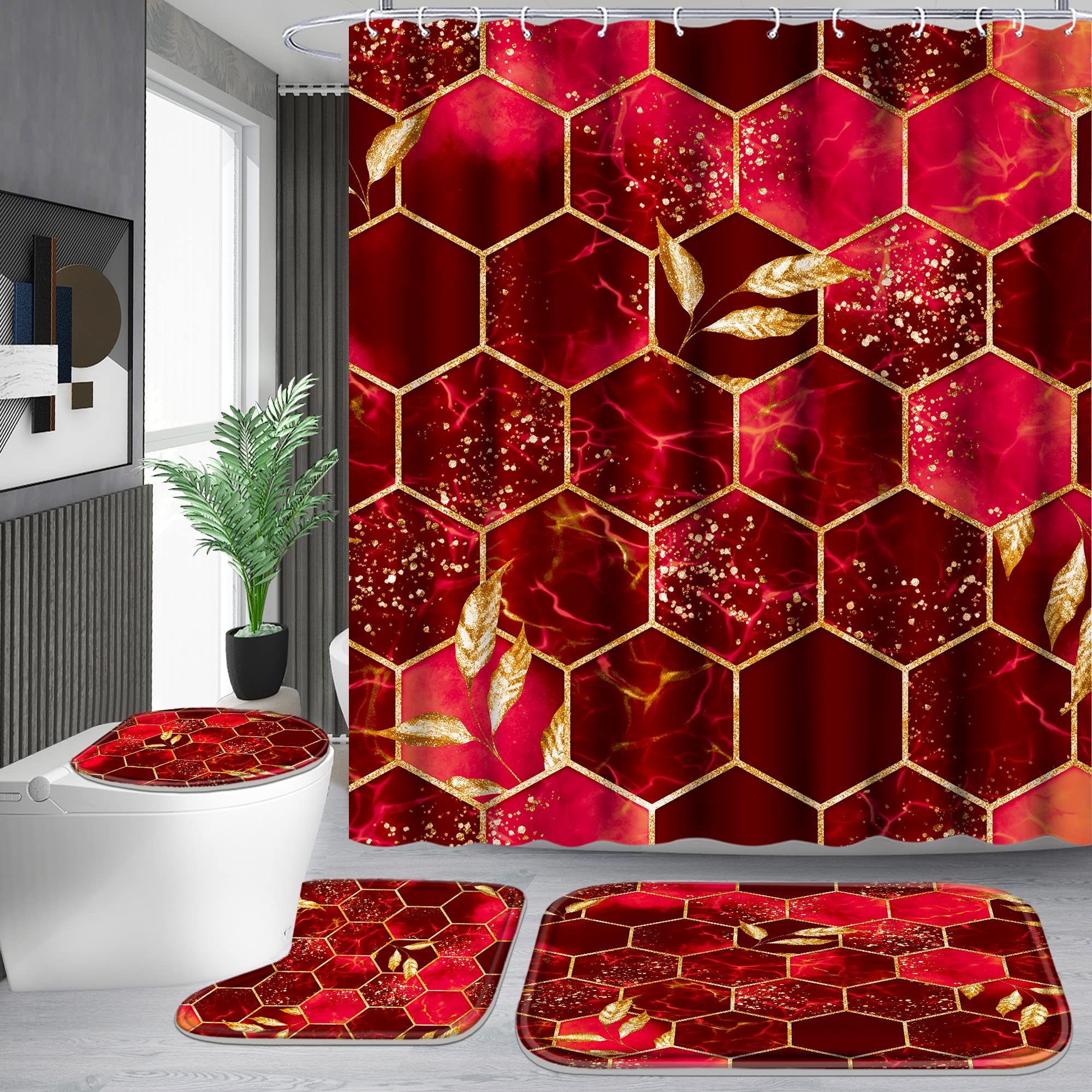 Amazon.com: Poedist 4 Pcs Bathroom Shower Curtain Set,Red Honeycomb ...