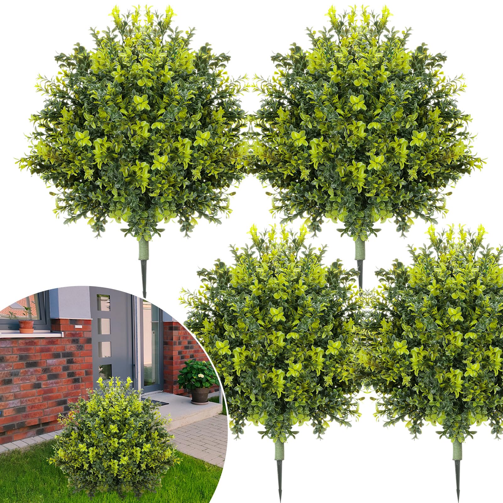 CroBlissful 4 Pack Artificial Boxwood Ball Bush with Spikes 24in UV ...