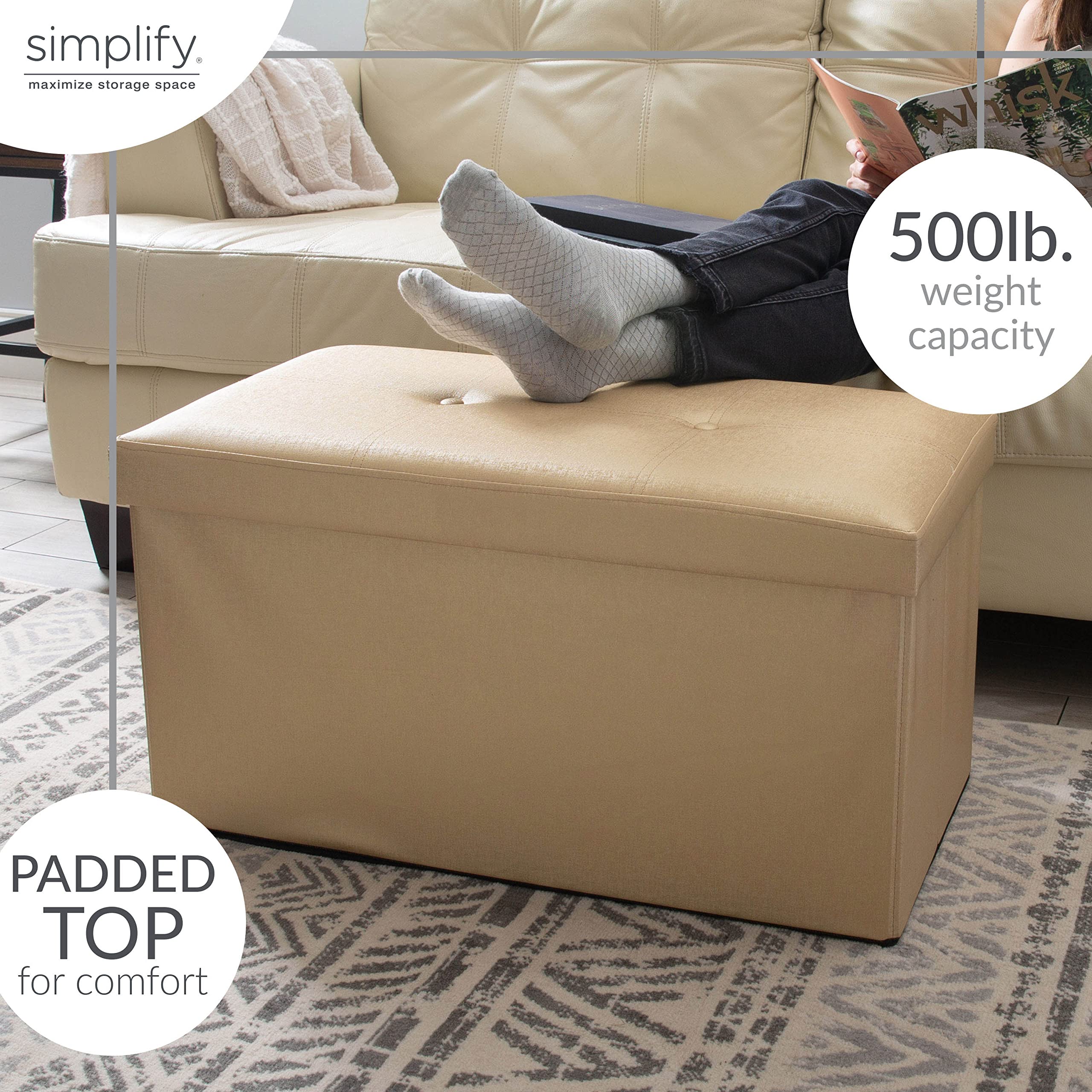 Snapklik.com : Faux Leather Folding Storage Ottoman Double Collapsible ...
