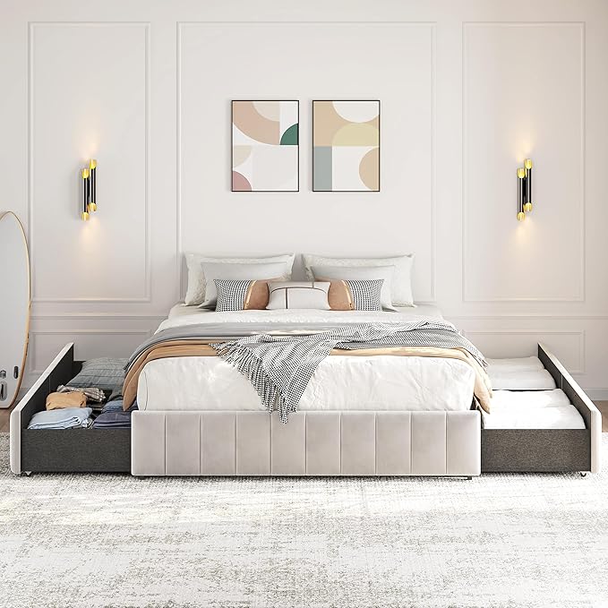 Amazon.com: Yaheetech Queen Size Platform Bed Frame with 4 Storage ...