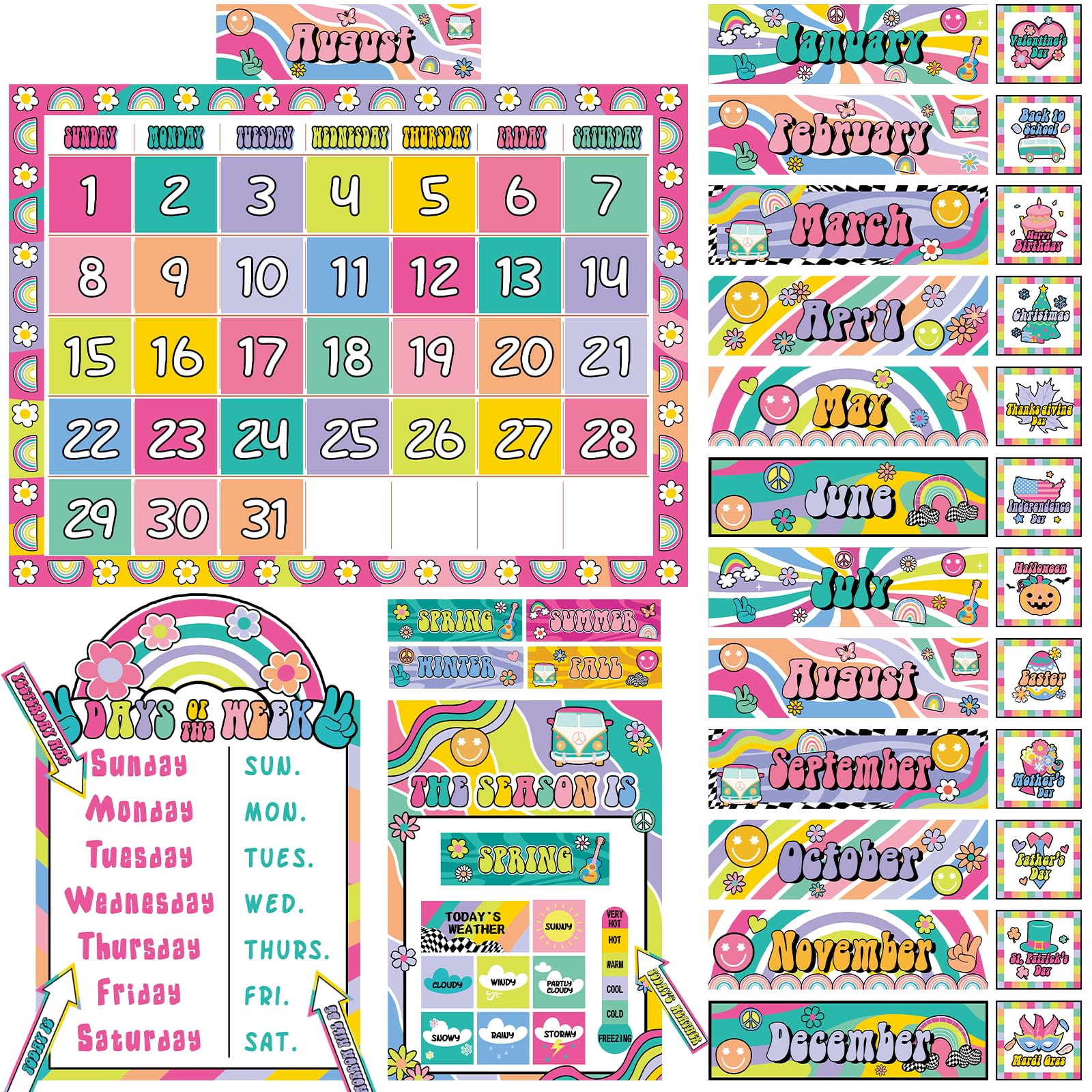 Amazon.com : Justforjoyful Colorful Groovy Calendar Bulletin Board Set ...