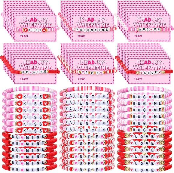 Amazon.com: Ferreve 120 Pcs Valentine's Day Bracelets with Cards 60 Set ...