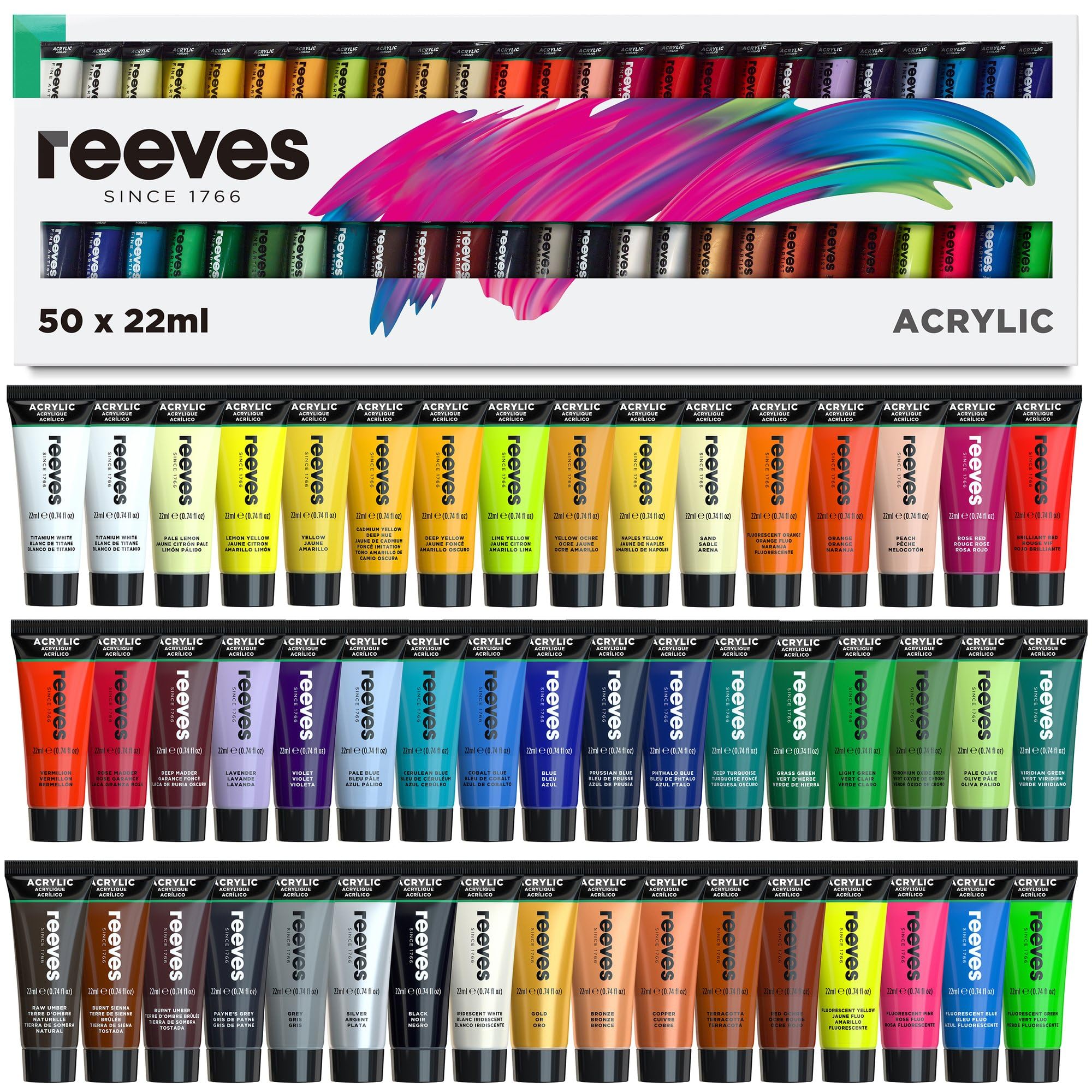 Reeves Acrylic Paint Set – 50 x 22ml Assorted Vibrant Colour Tubes ...